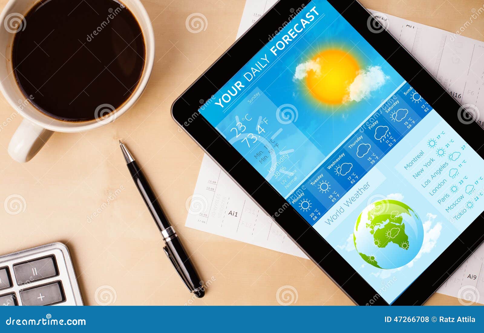 Tablet Pc Showing Weather Forecast on Screen with a Cup of Coffee on a ...