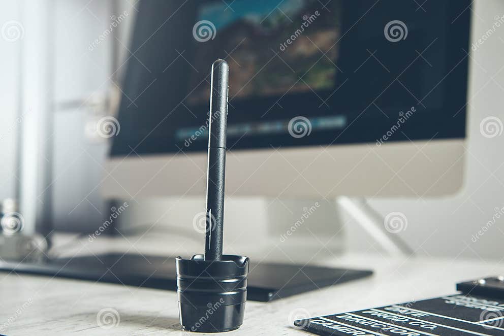Tablet Pen with Computer on Desktop Stock Photo - Image of hand ...