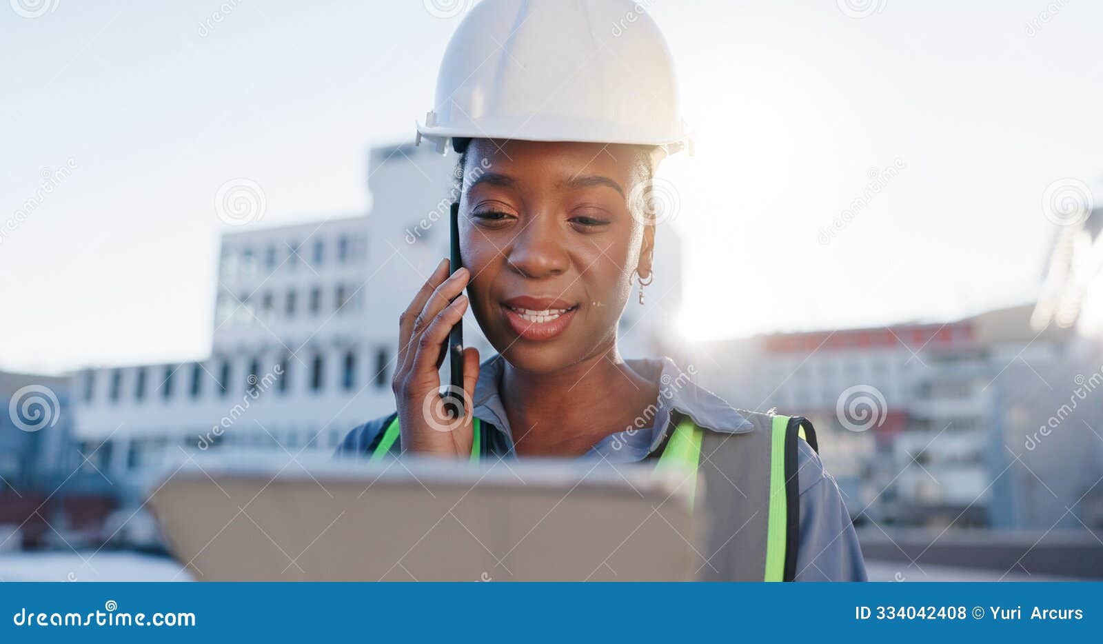 Tablet, Phone Call and Construction Engineer on Site with Communication ...