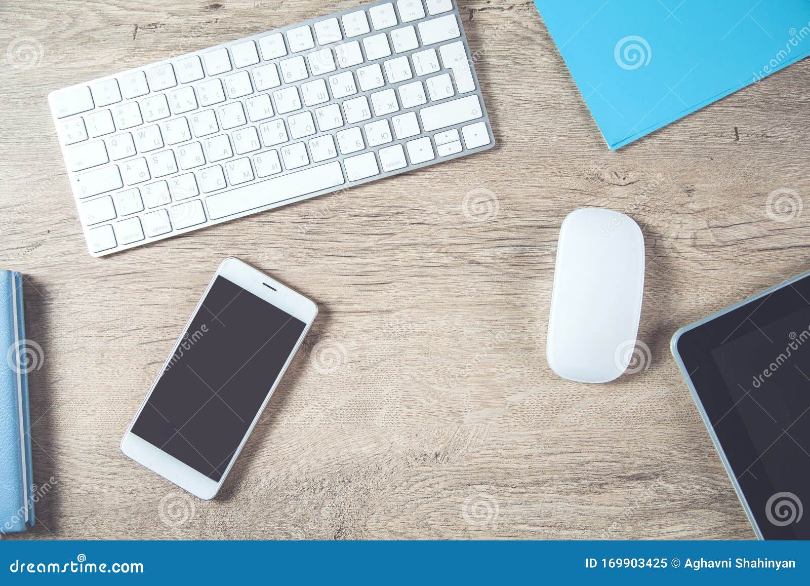 Tablet with Phone and Computer on Desk Stock Image - Image of ...