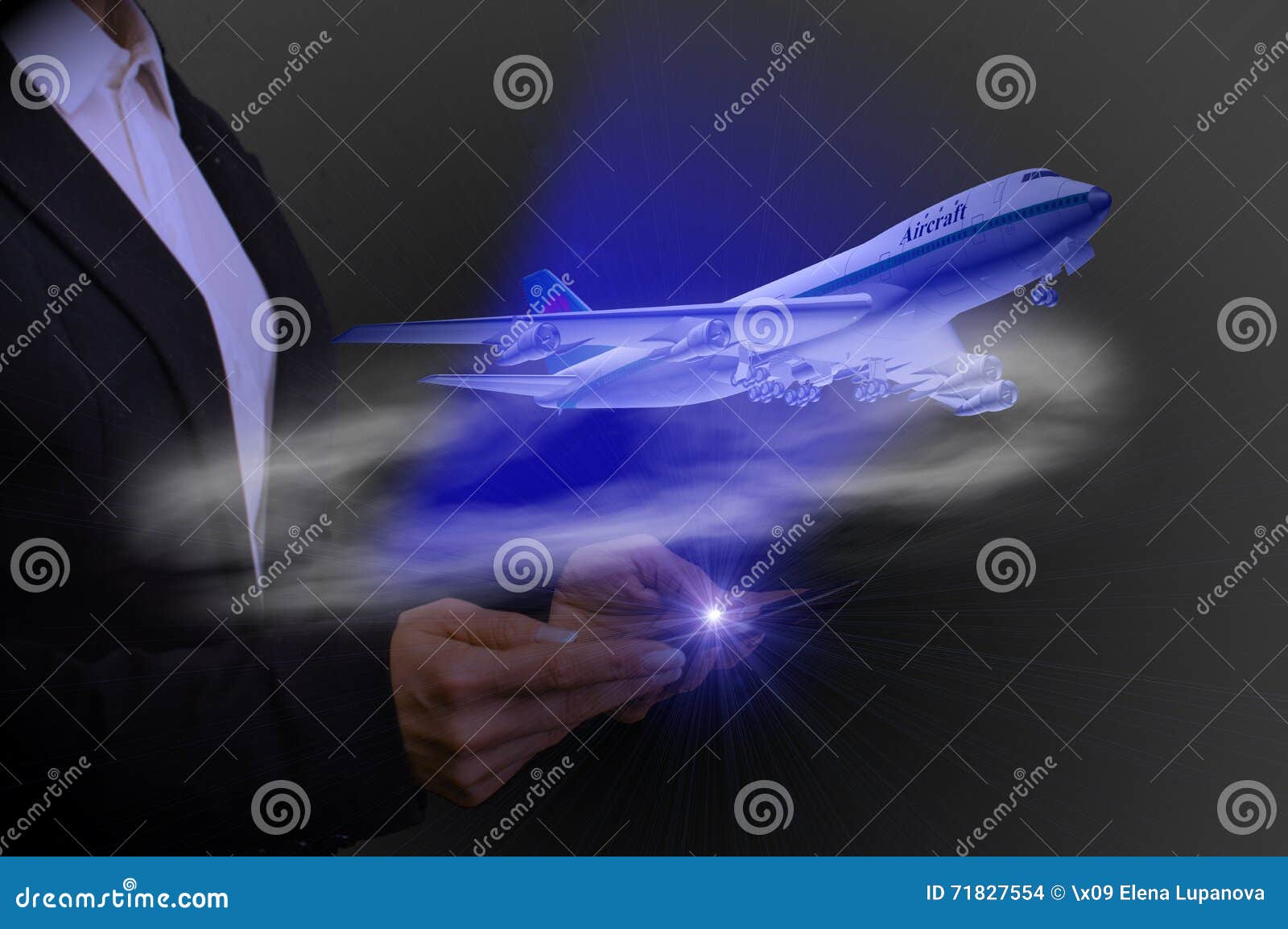 With Tablet Plane Takes Off, Concept of High-tech Aviation Stock Photo ...