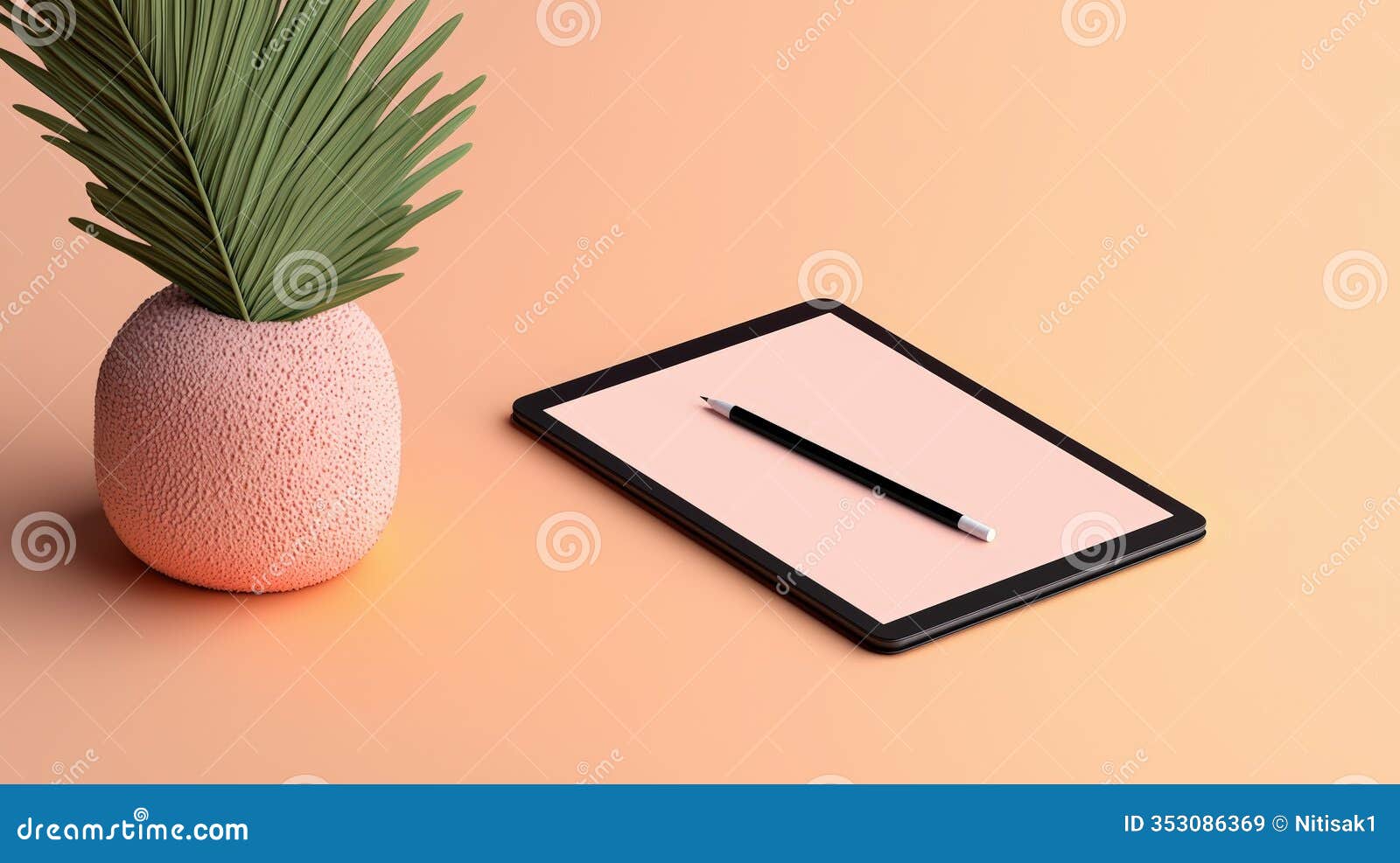 Tablet and Plant on Soft Peach Background Stock Illustration ...