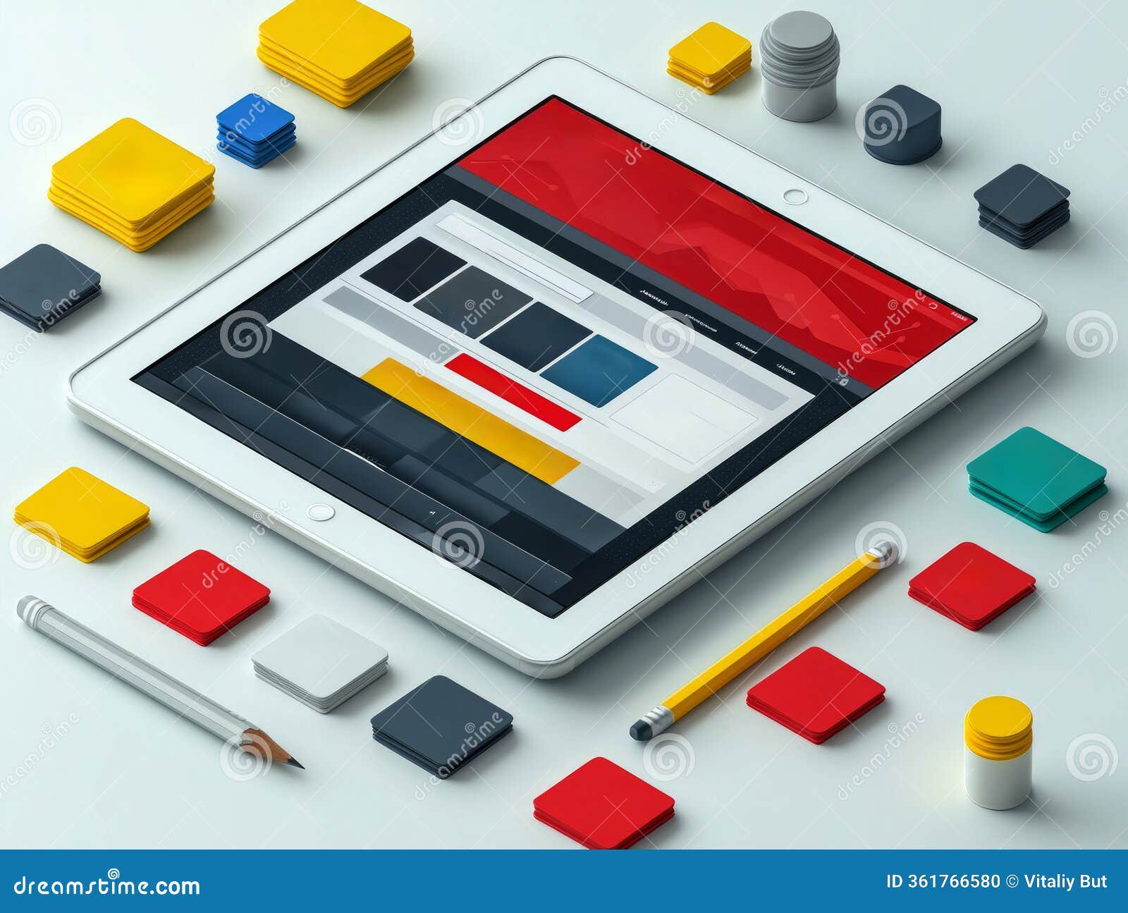 Tablet is Positioned on White Desk Complemented Pencil and Scattered ...