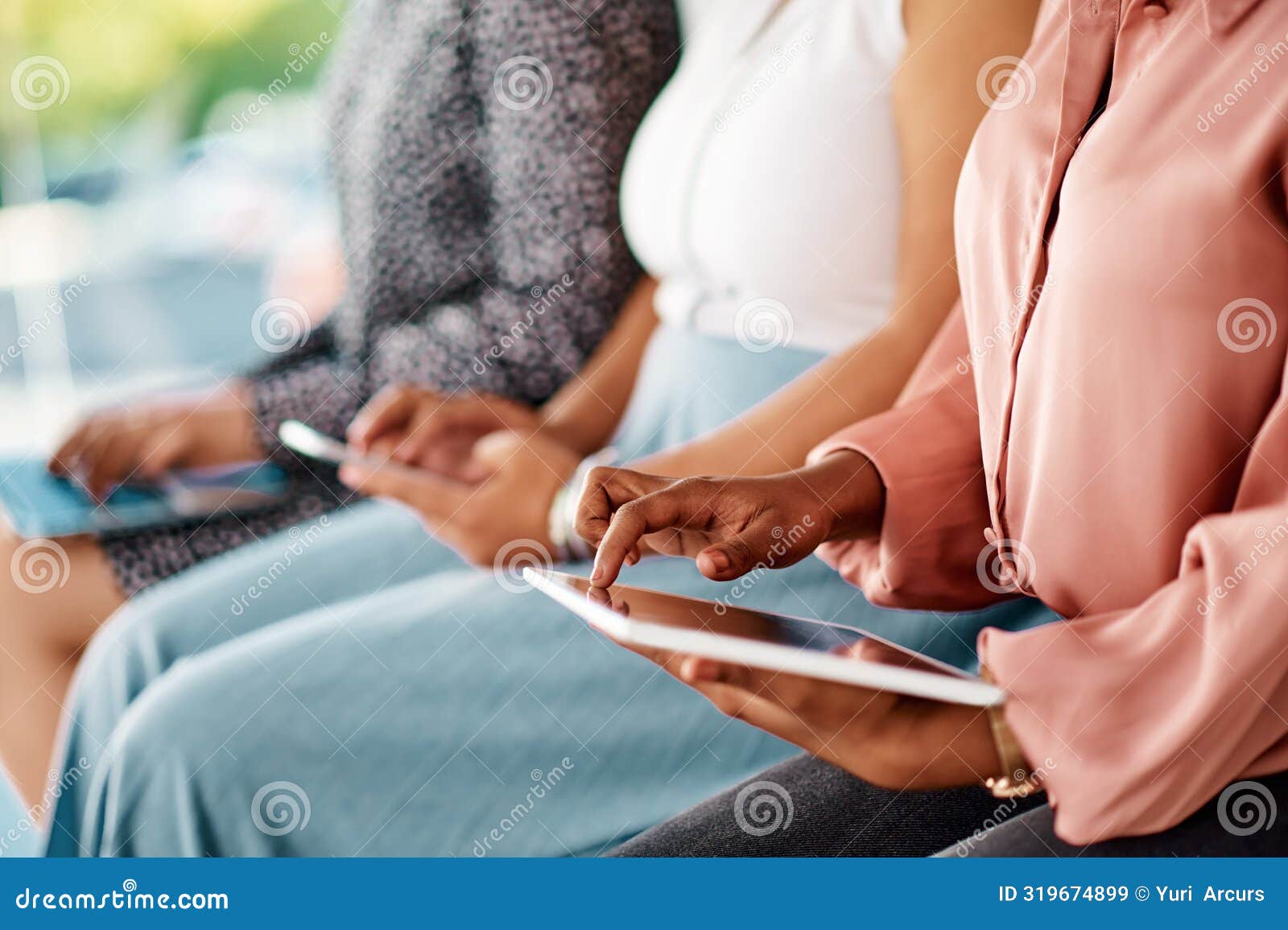 Tablet, Recruitment and Hands of Business People in Waiting Room Queue with Cv Application ...