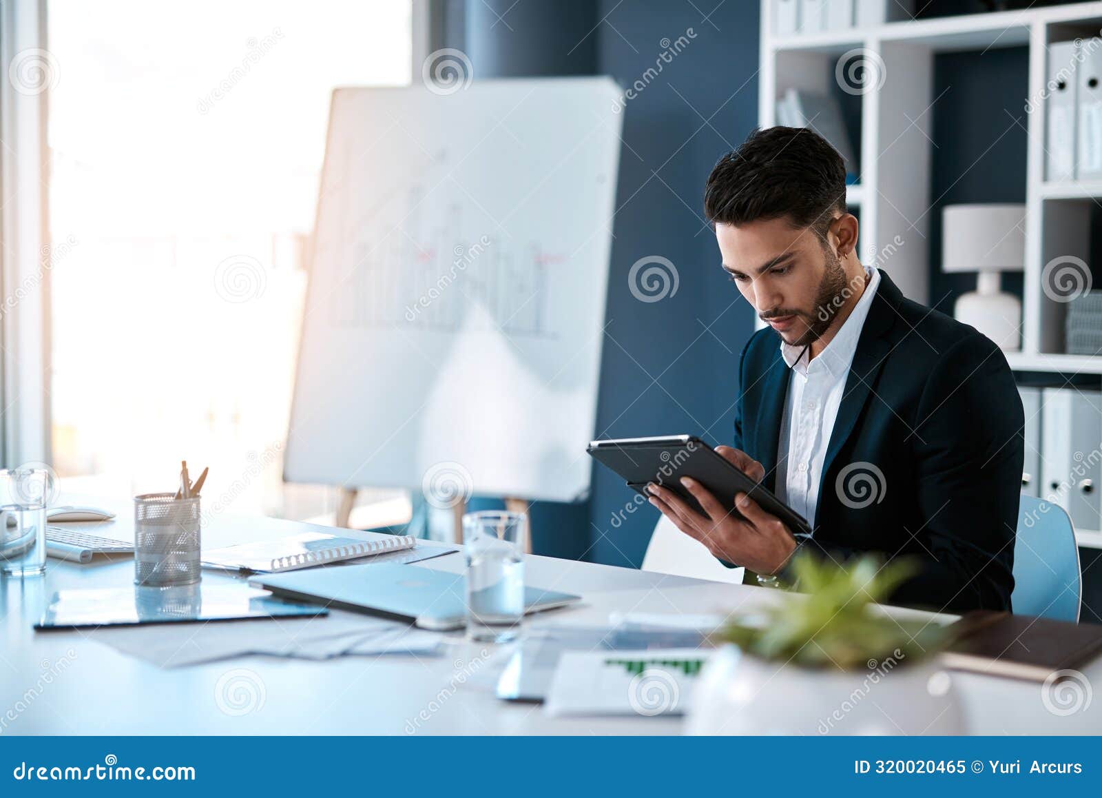 Tablet, Research and Business Man Reading Email for Statistics, Chart ...