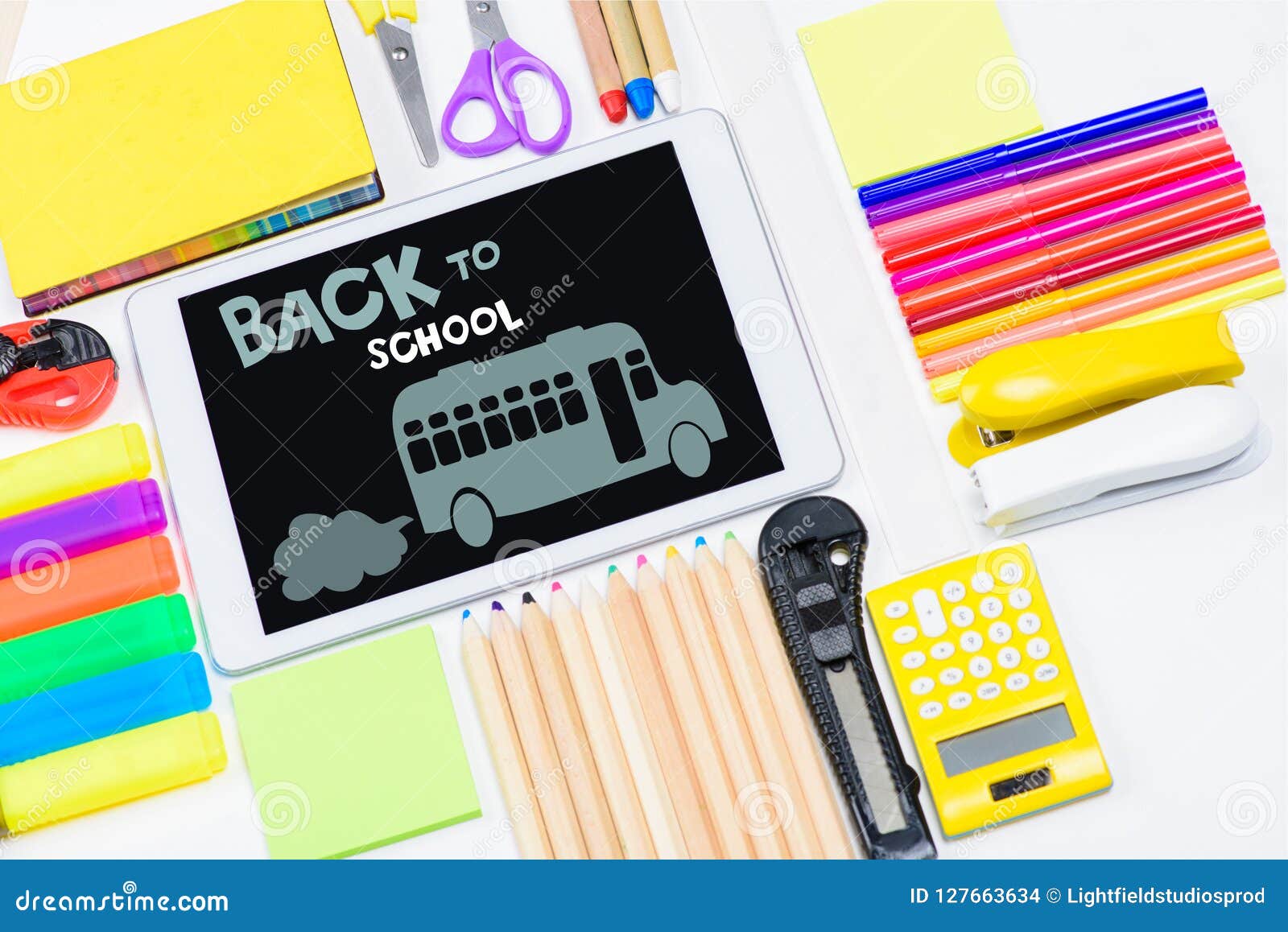 Tablet and school supplies stock photo. Image of learning - 127663634