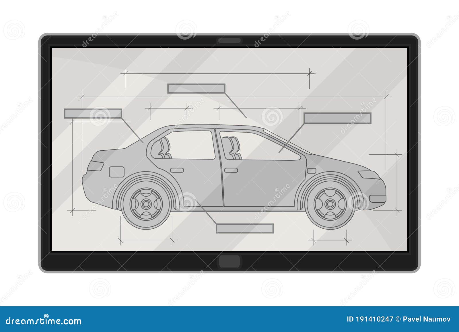 Tablet Screen with Car Design Draft As Auto Production Process Vector ...