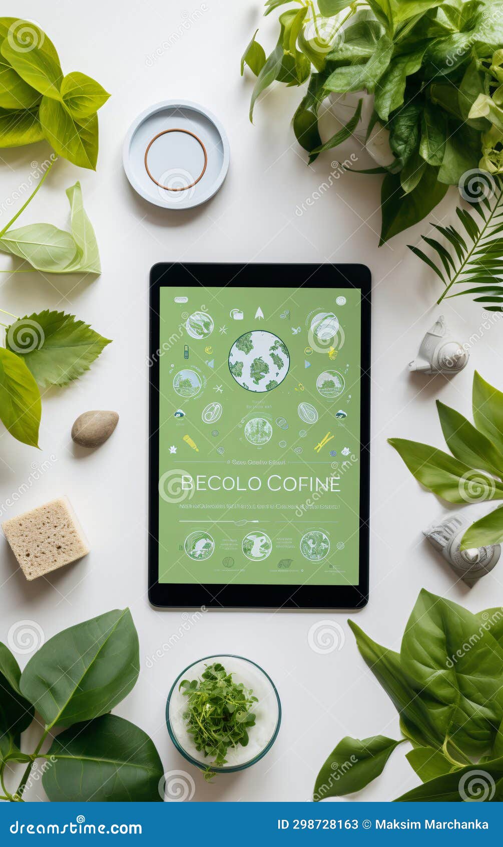 Tablet Screen with Charts and Graphs on Table with House Plants, Eco ...