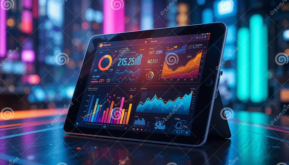 Tablet Screen Displaying Colorful Data Analytics and Charts Stock Photo ...