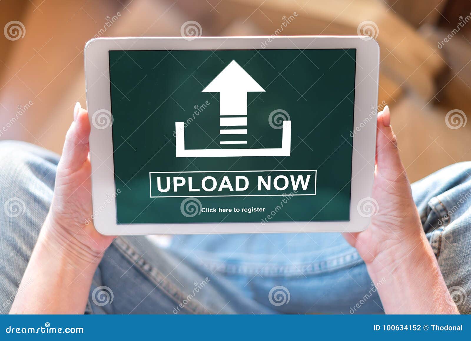 Upload concept on a tablet stock photo. Image of symbol - 100634152