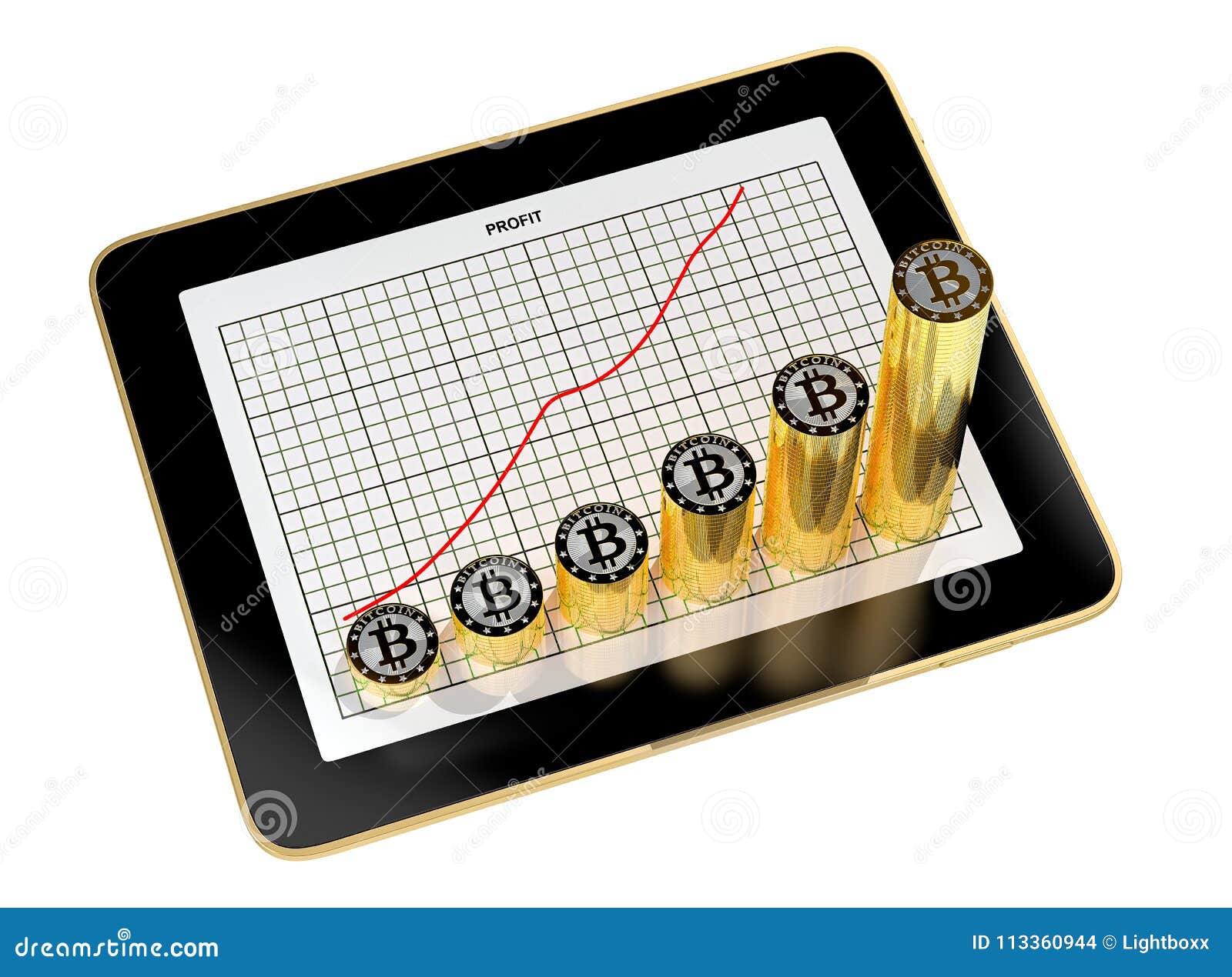 Tablet Showing Increasing Profit Chart, with Golden Bitcoins on it ...