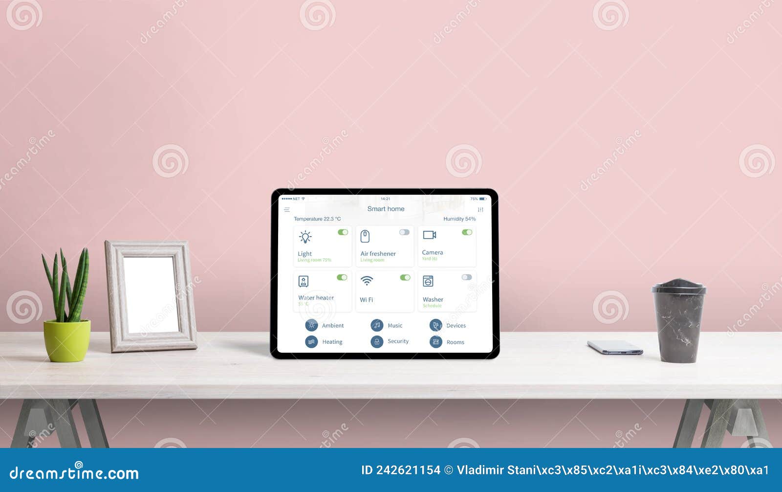 Tablet with Smart Home App on Home Desk Stock Photo - Image of alarm ...