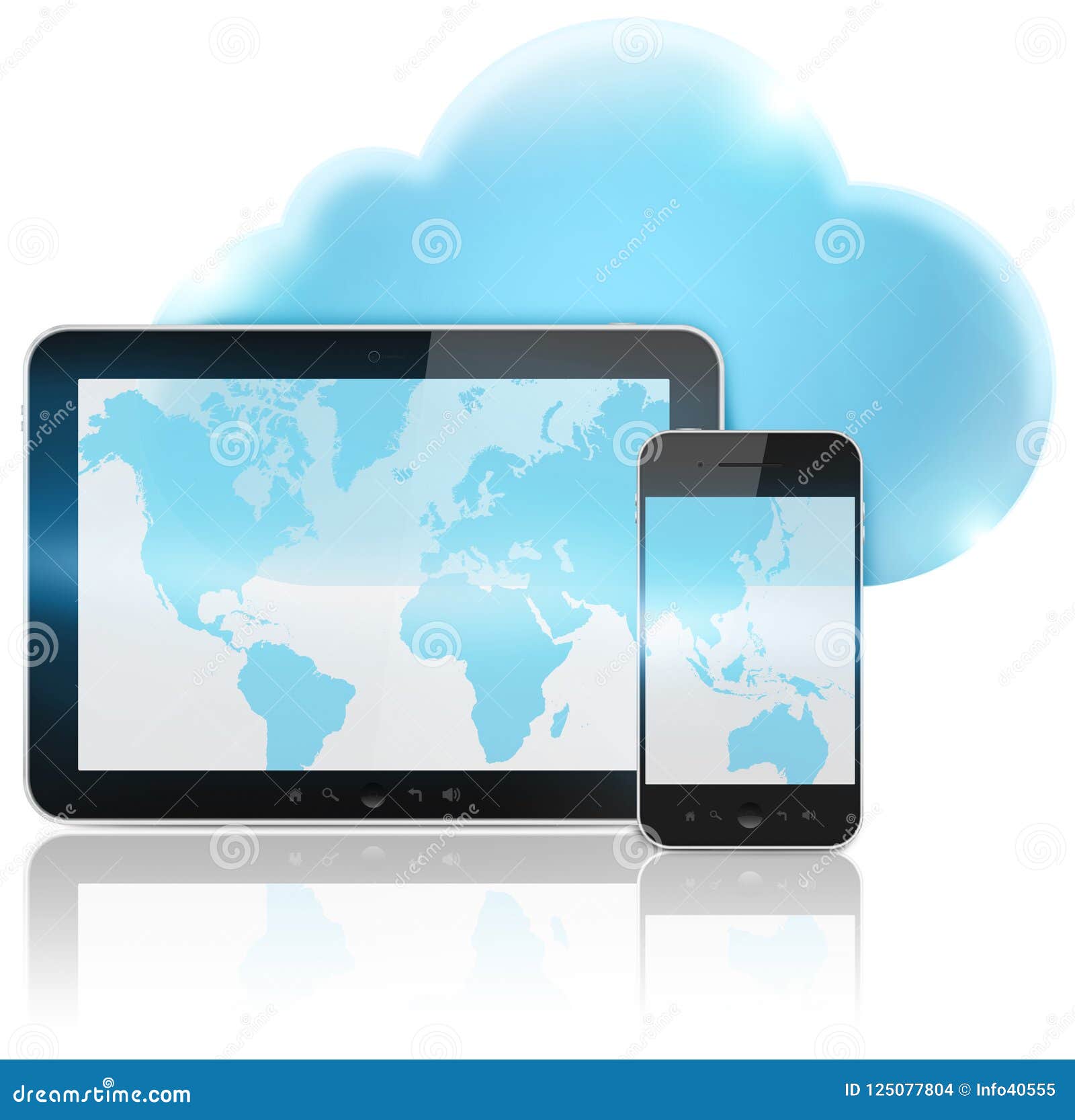 Tablet and Smartphone Screen with World Map on White Stock Illustration ...