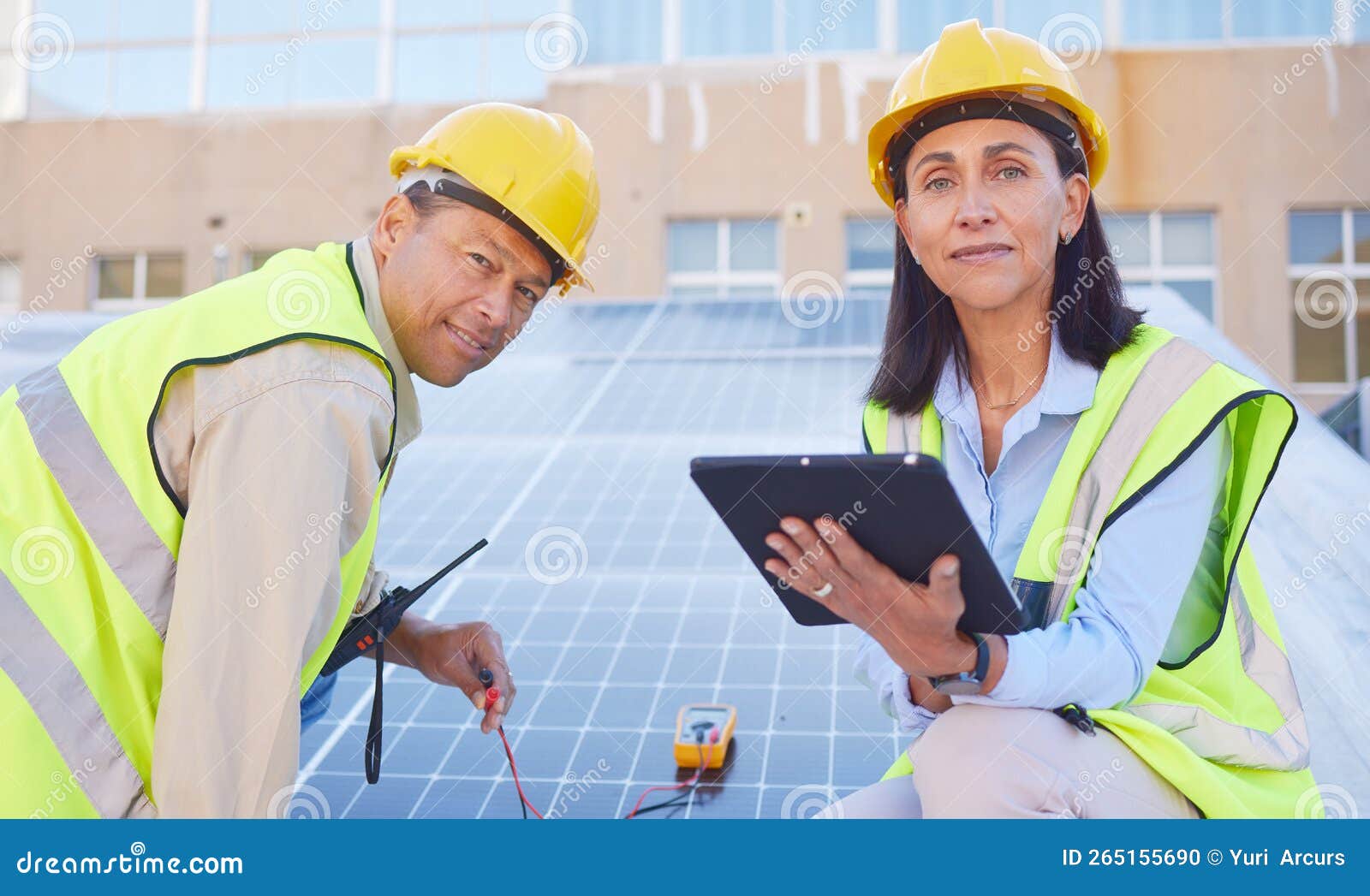Tablet, Solar Energy or Engineering Team Working Solar Panels or ...