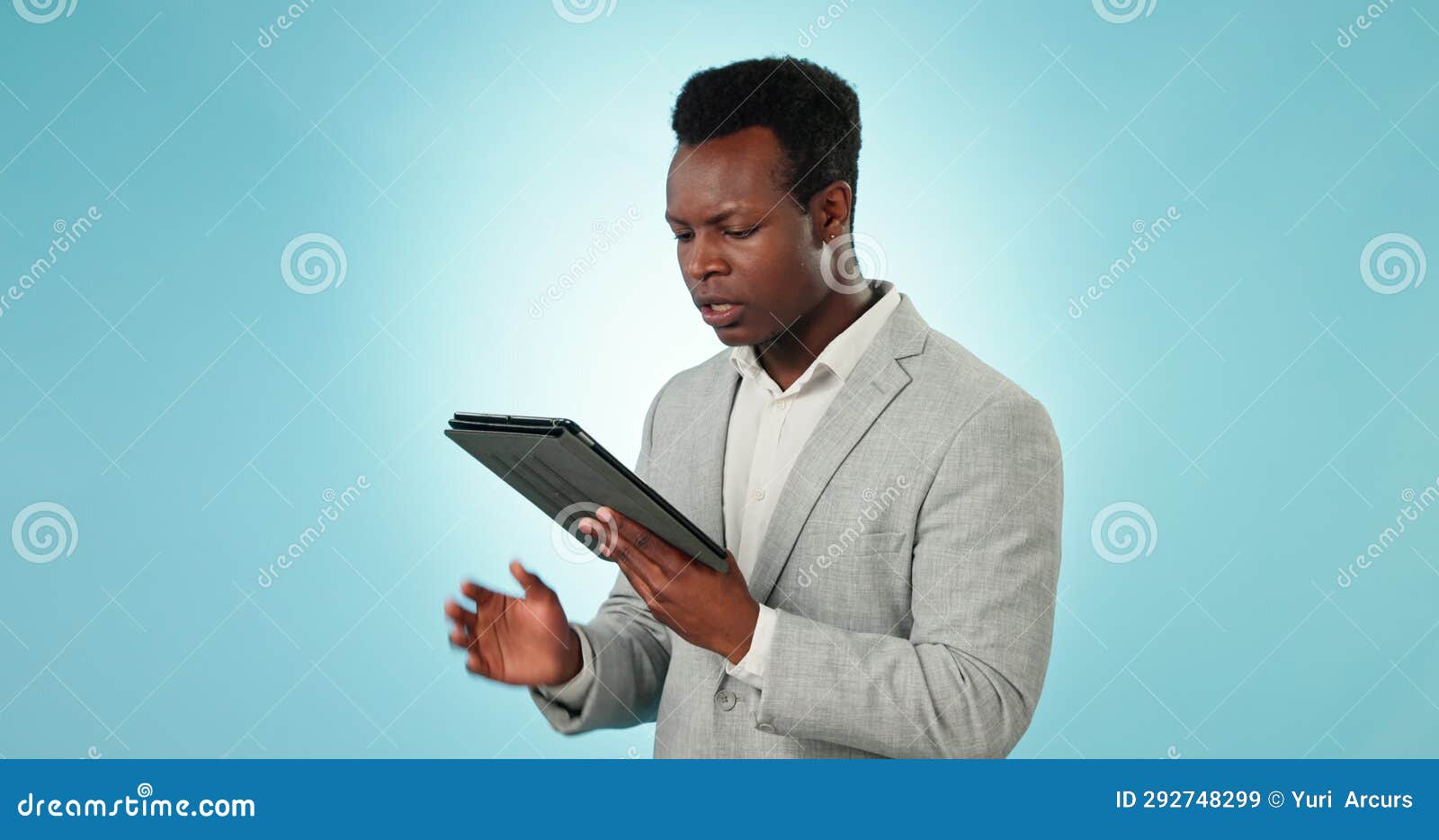 Tablet, Stress and Blue Background with a Business Black Man in Studio ...