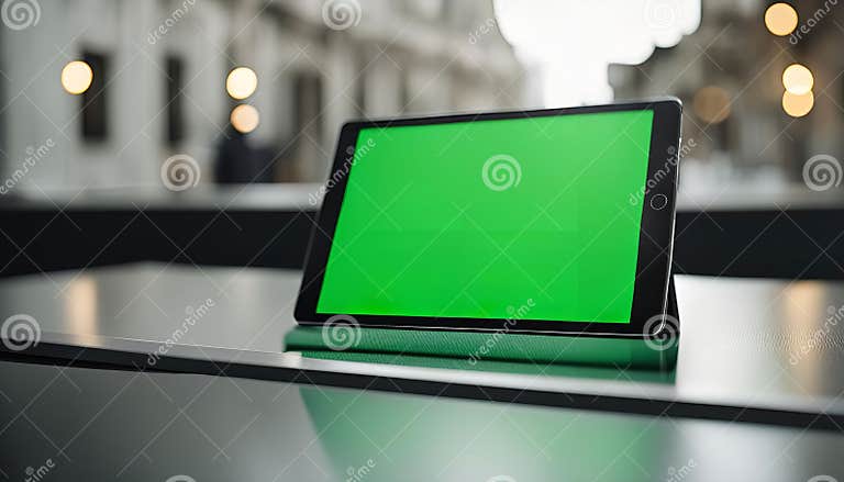 Tablet on Table with Green Screen Stock Photo - Image of computer ...