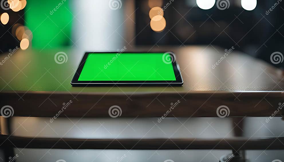 Tablet on Table with Green Screen Stock Image - Image of display ...