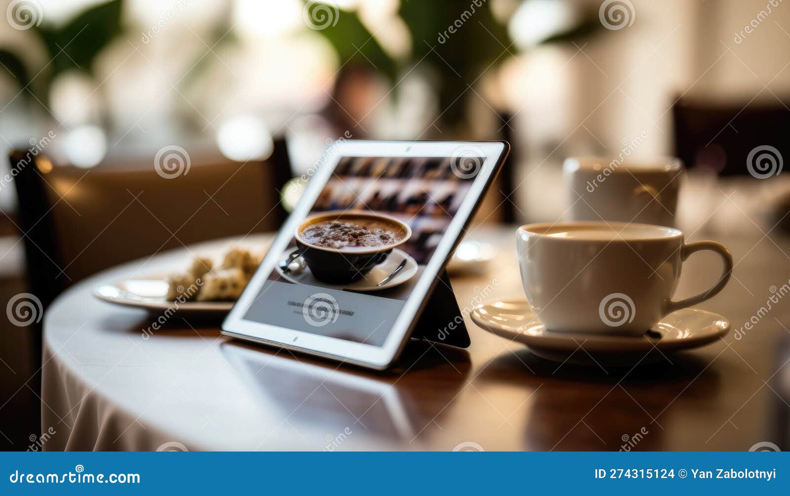 Tablet on the Table Modern Minimal Cafe. Generative AI Stock ...