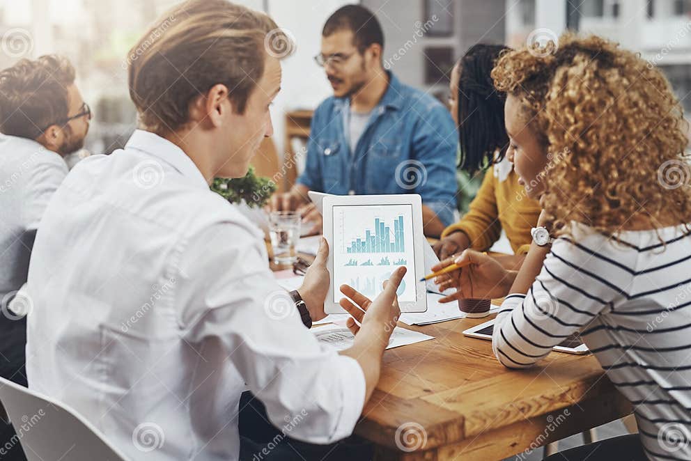 Tablet, Team Discussion and Business People with Data, Information and ...