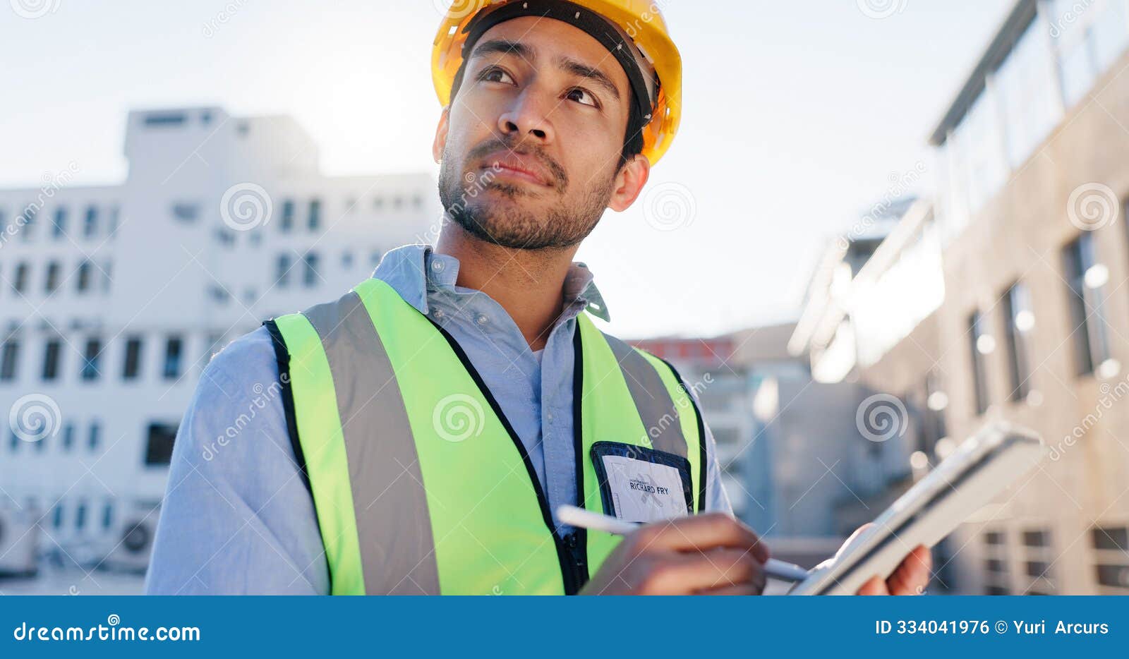 Tablet, Thinking and Construction Man on Site with Communication for ...