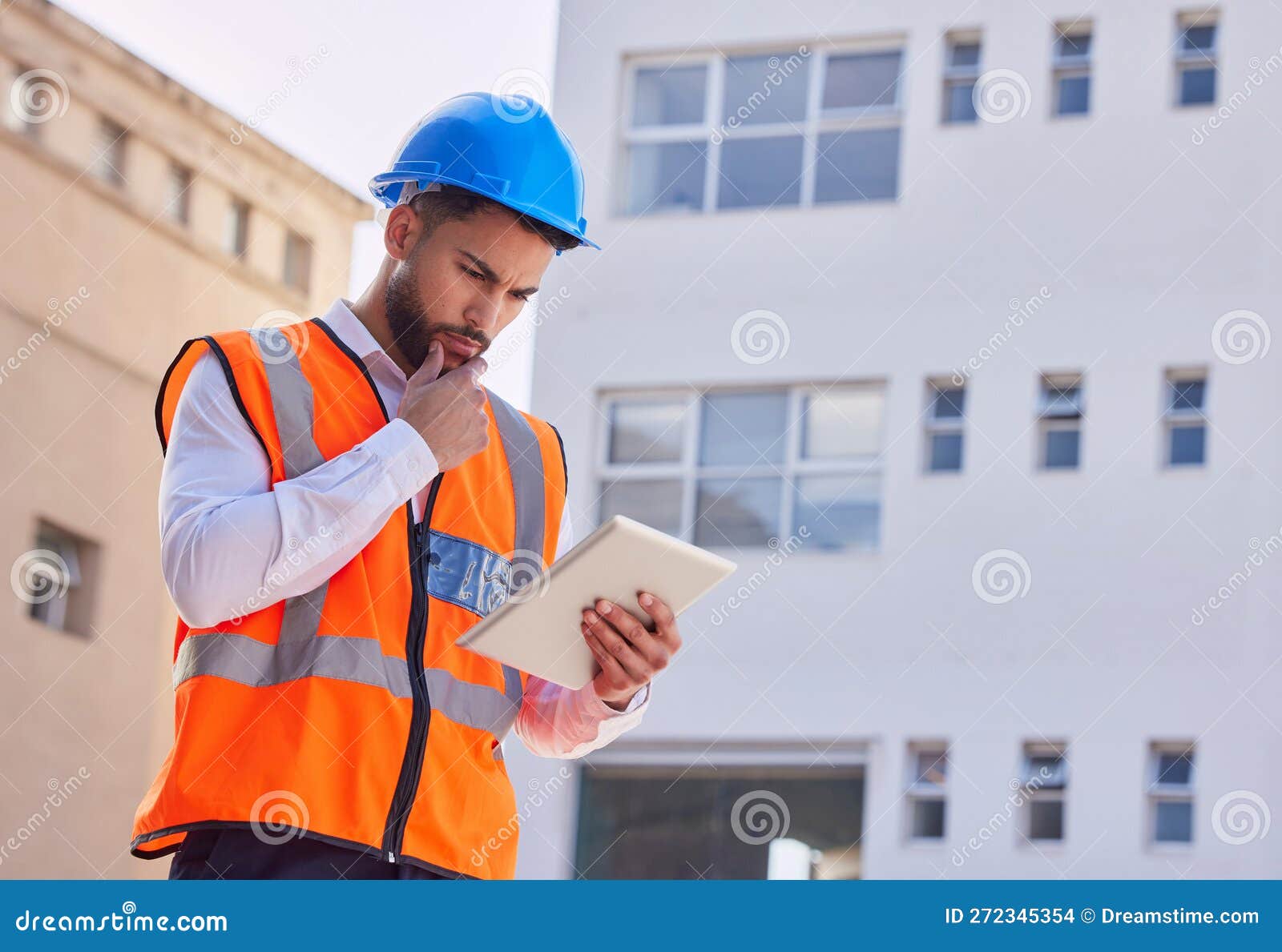 Tablet, Thinking and Engineering Man, Construction Worker or Building ...