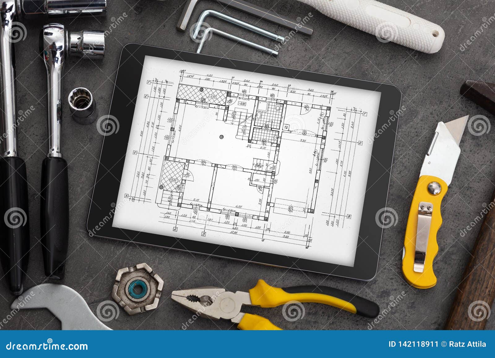 Tablet and Tools with Blueprint Concept Stock Image - Image of drill ...