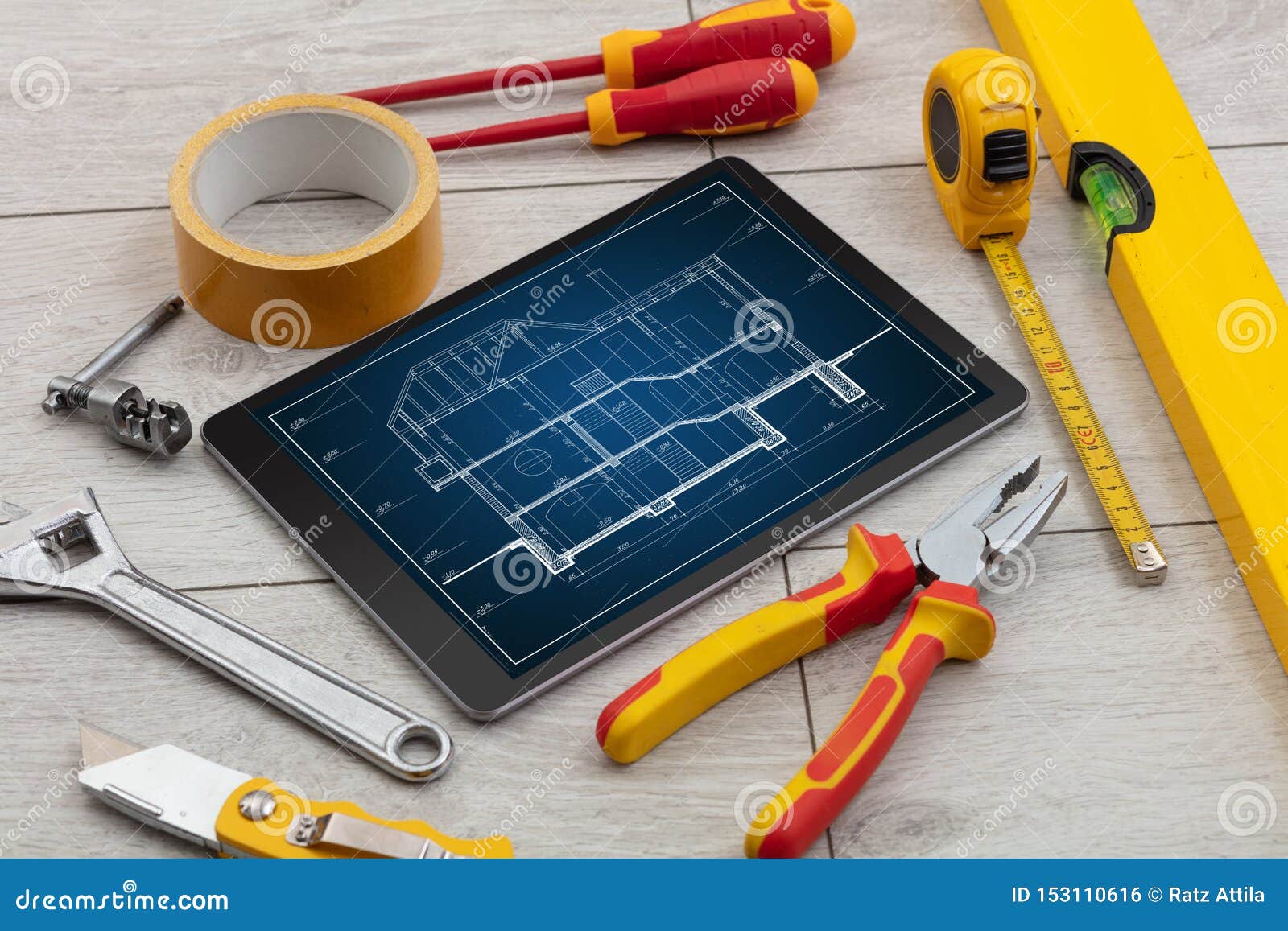 Tablet and Tools with Blueprint Concept Stock Photo - Image of pliers ...