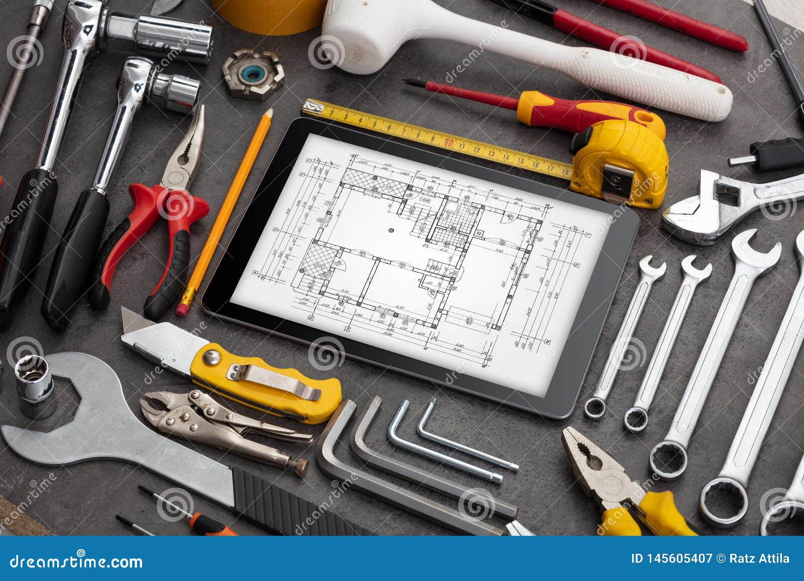 Tablet and Tools with Blueprint Concept Stock Image - Image of ...