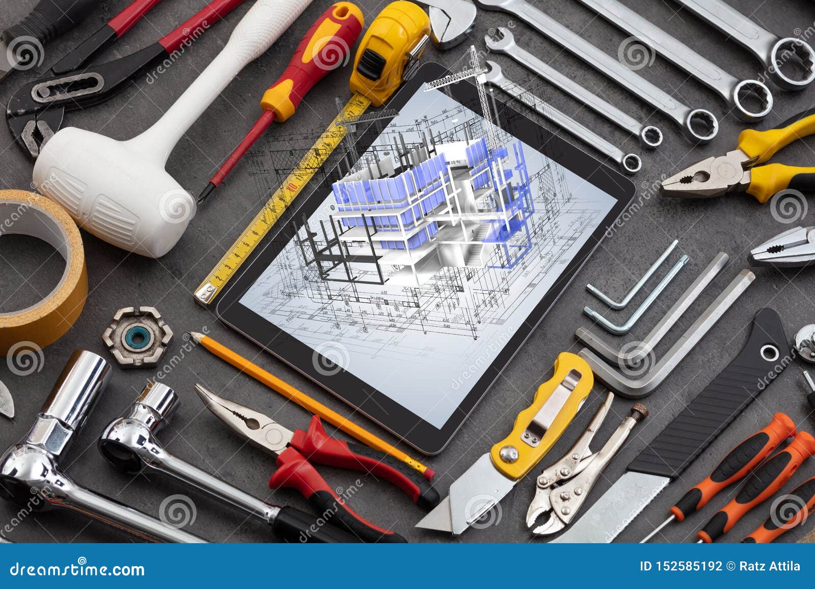 Tablet and Tools with 3d House Plan Concept Stock Photo - Image of ...