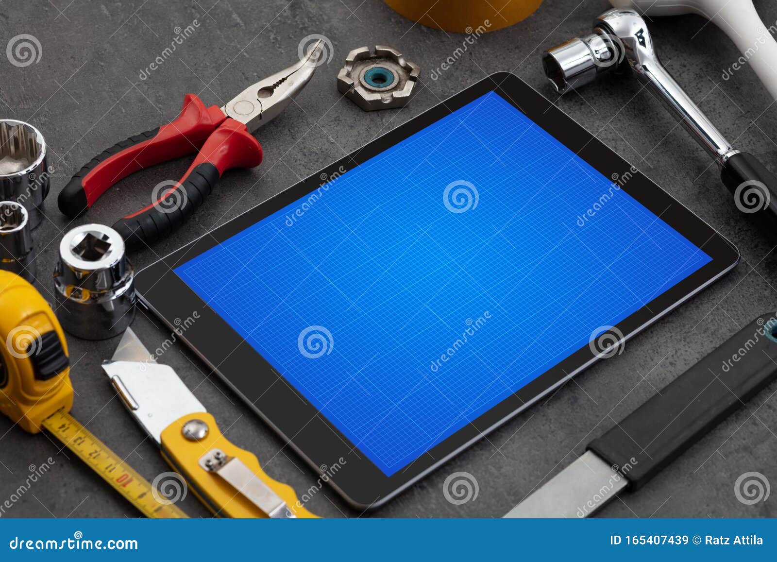 Tablet with Tools and Grid Screen Concept Stock Image - Image of hammer ...