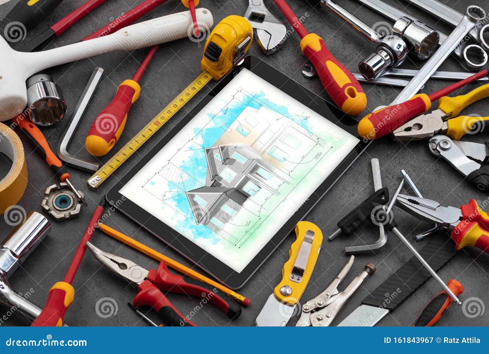 Tablet and Tools with House Plan Concept Stock Image - Image of object ...