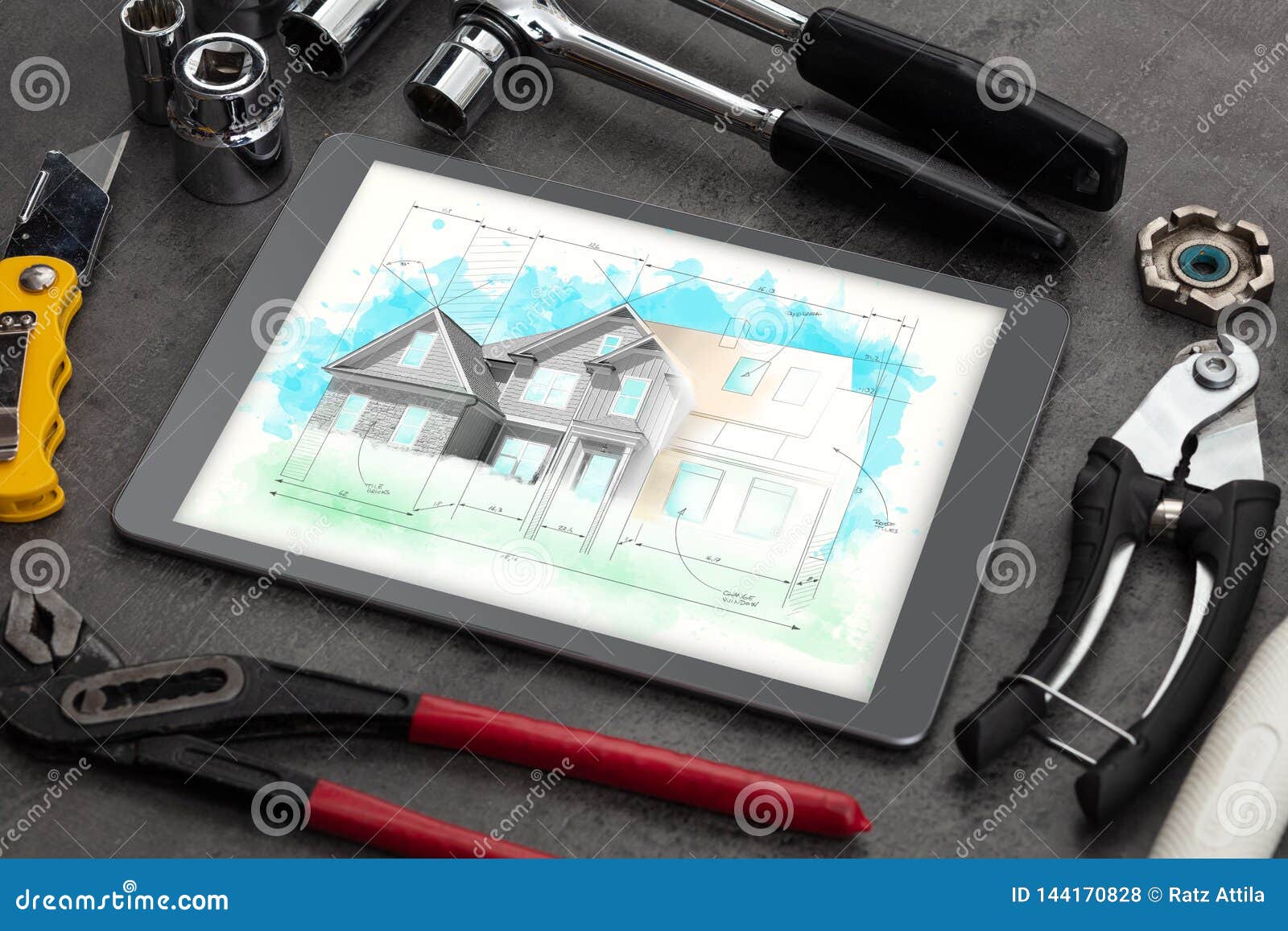 Tablet and Tools with House Plan Concept Stock Photo - Image of screen ...