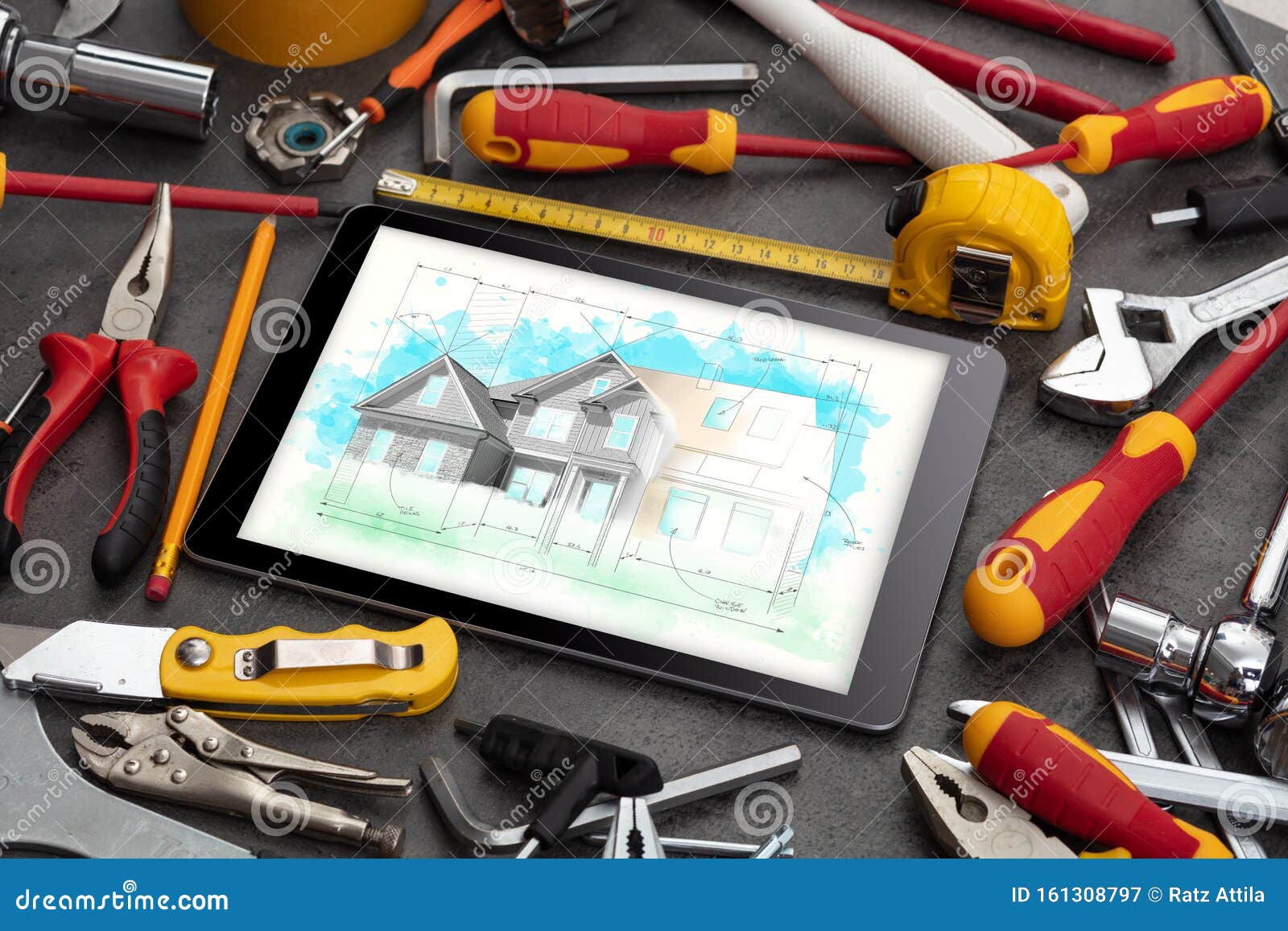 Tablet and Tools with House Plan Concept Stock Image - Image of ...