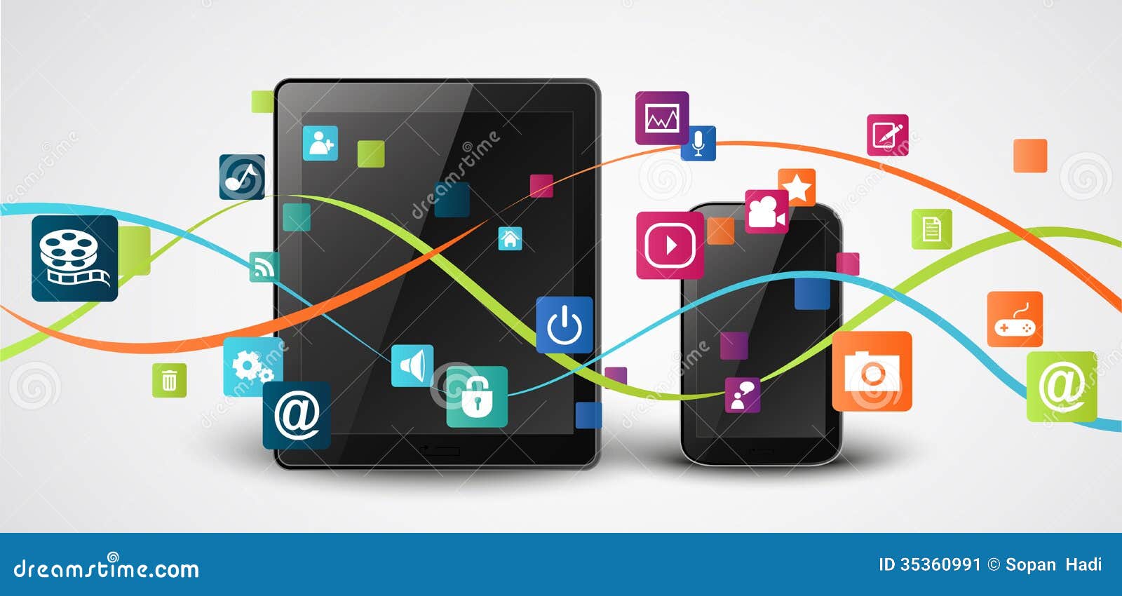 Tablet Und Handys Mit Bunter Anwendungsikone Vektor Abbildung ...