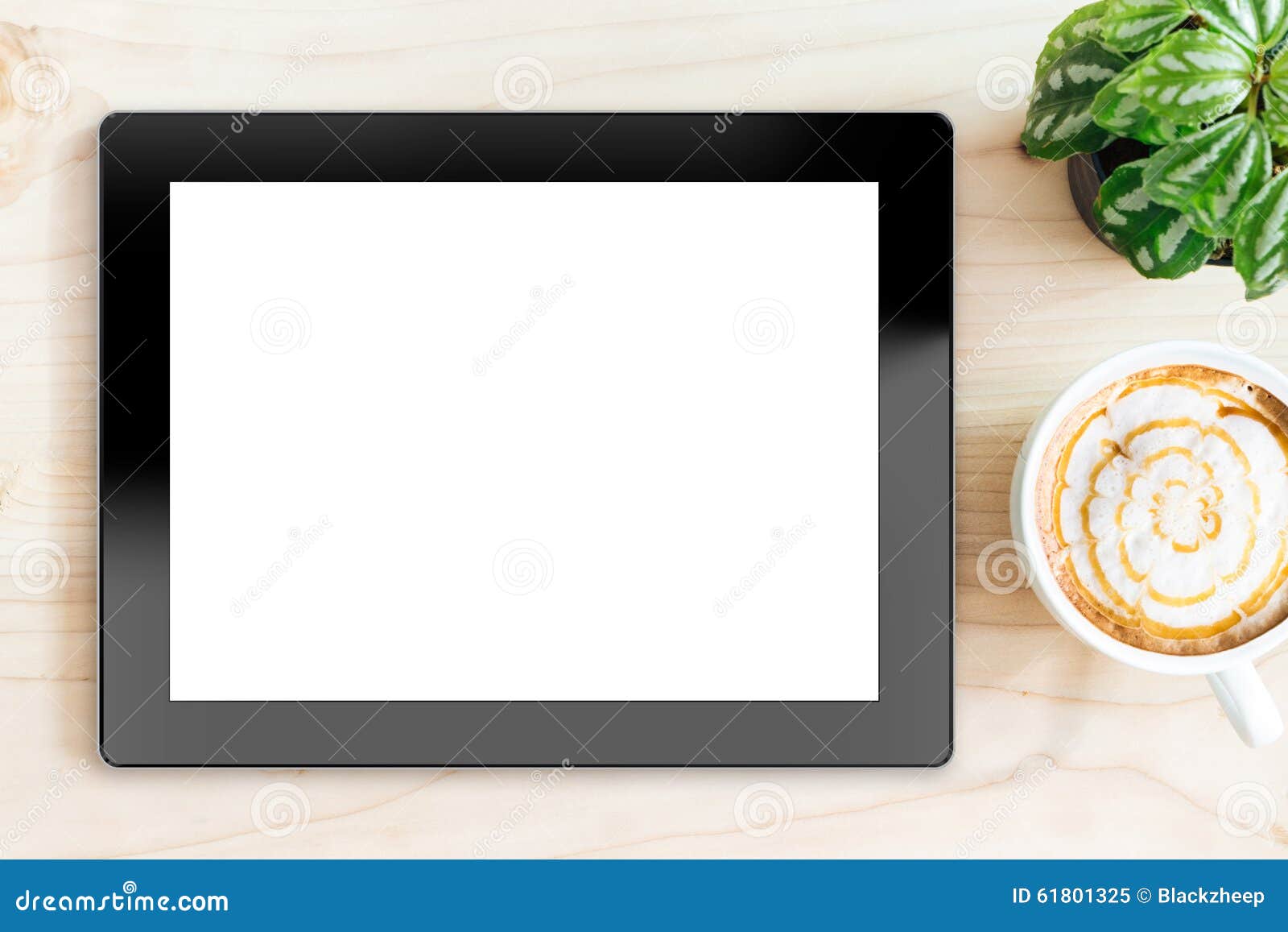Tablet White Screen on Wood Desk on Top Stock Image - Image of table ...