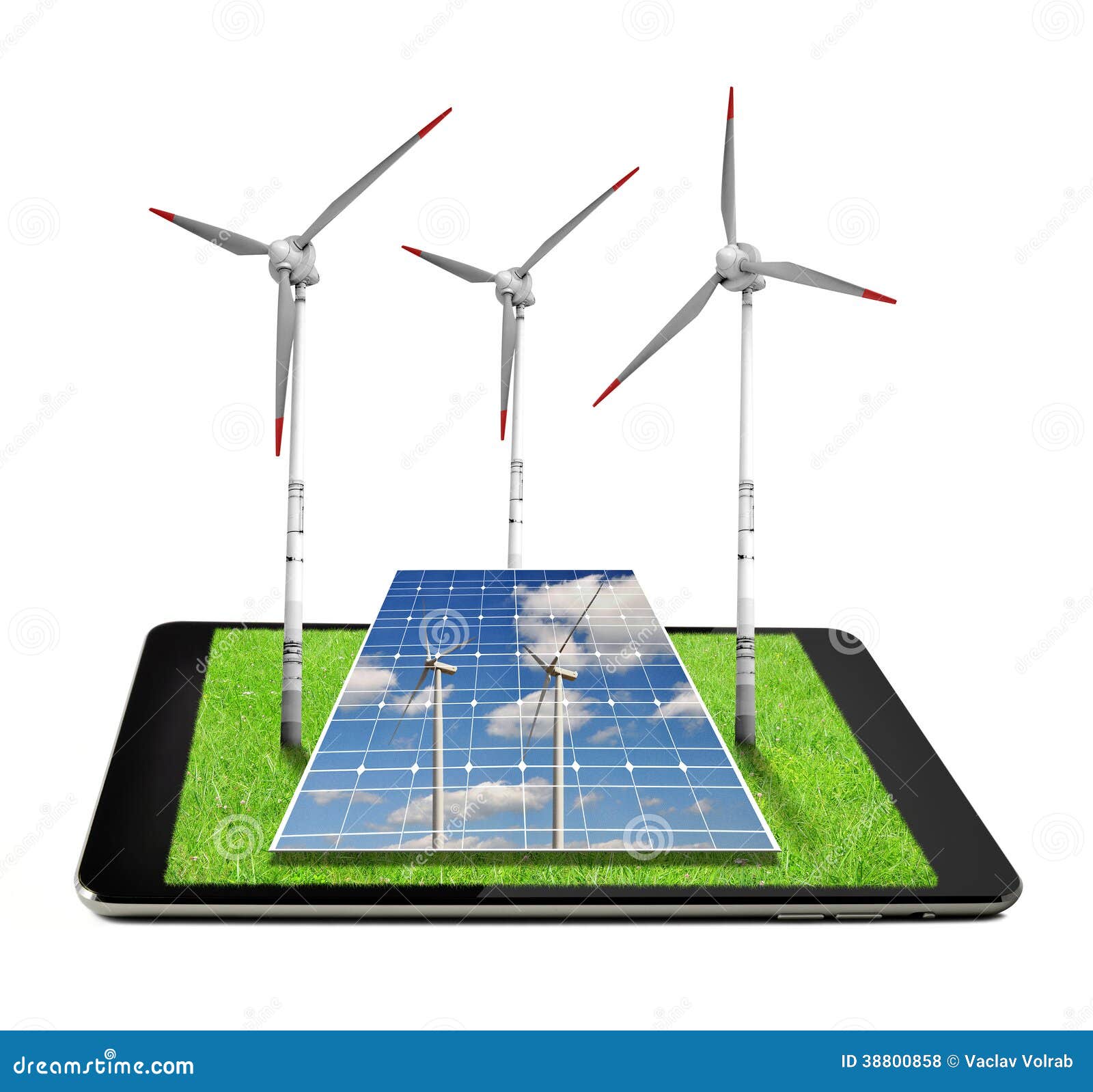 Tablet with a Wind Turbines and Solar Panel Stock Photo - Image of ...
