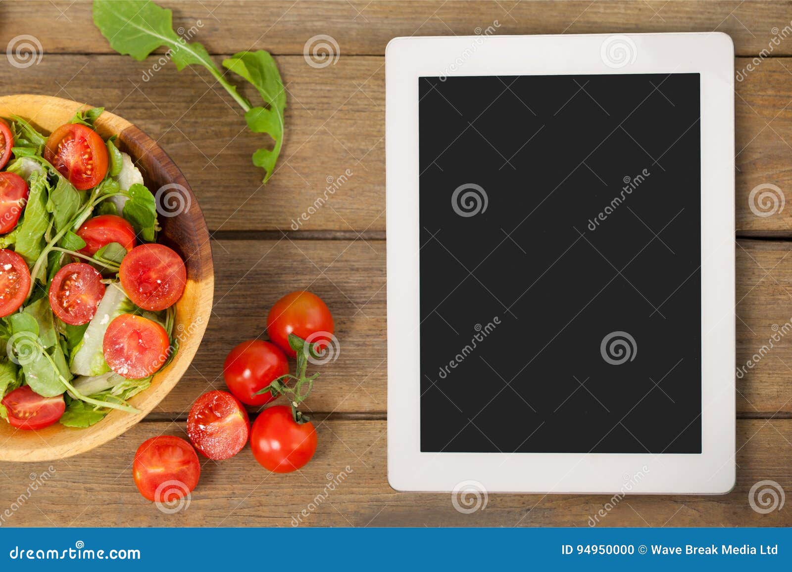 Tablet on Wooden Desk with Food Stock Illustration - Illustration of ...