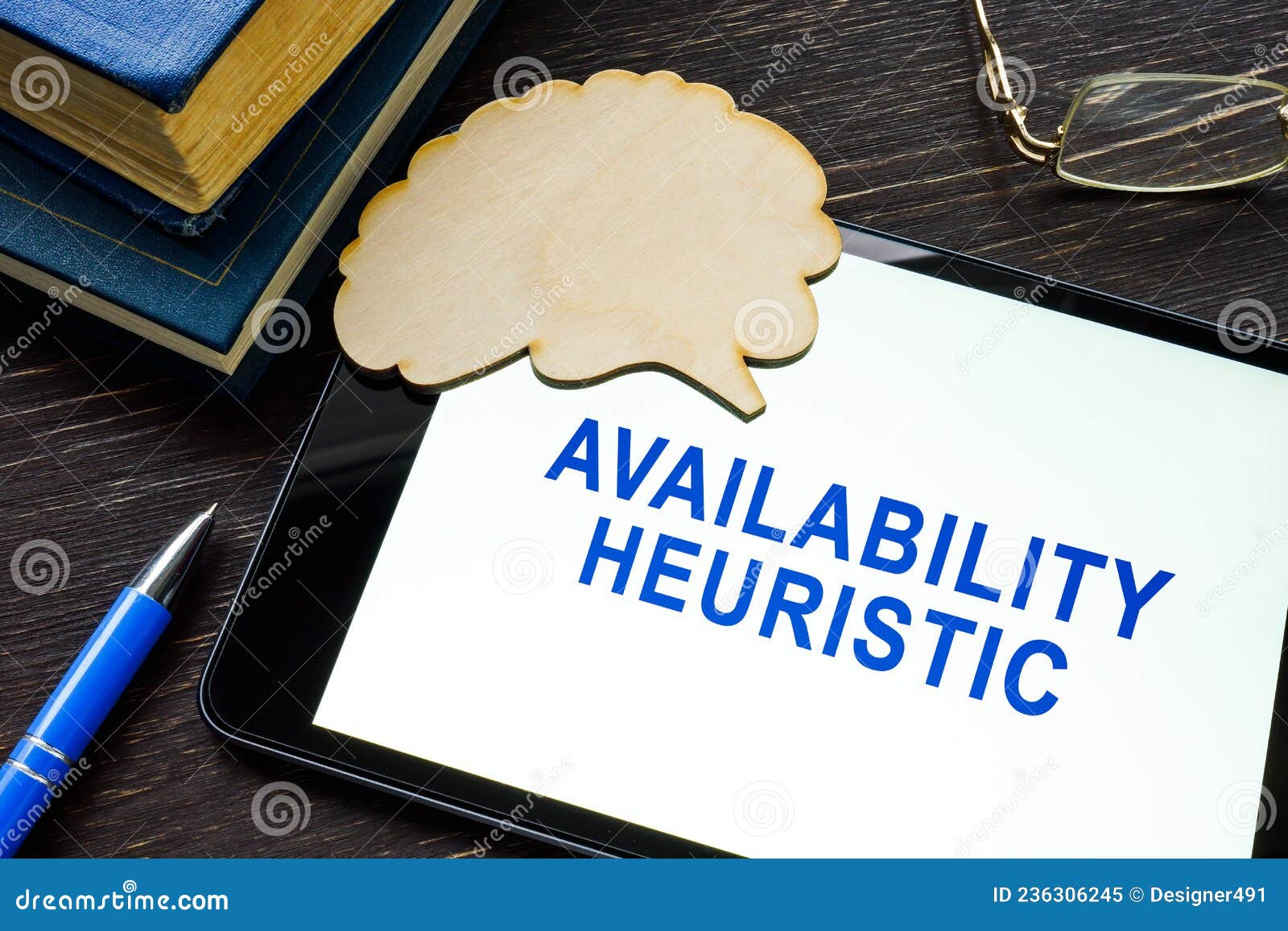 Tablet with Words Availability Heuristic and Brain Shape. Stock Image ...
