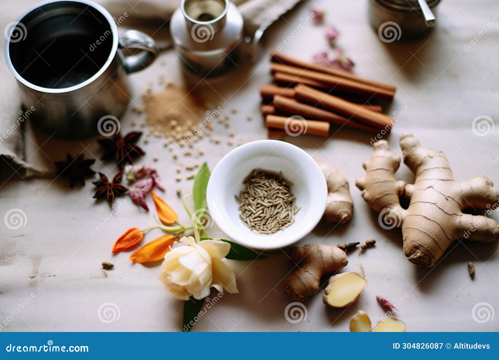 Tabletop with Chai Ingredients: Tea Leaves, Ginger, and Cardamom Stock ...
