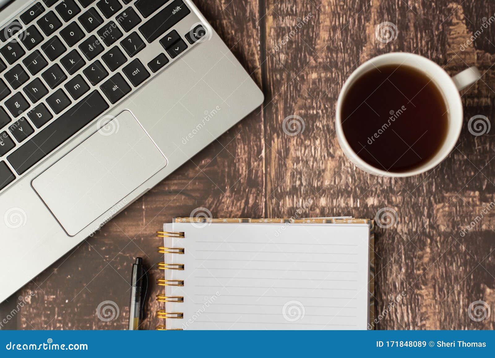 Tabletop with Computer, Tea and Notepad Stock Image - Image of creative ...