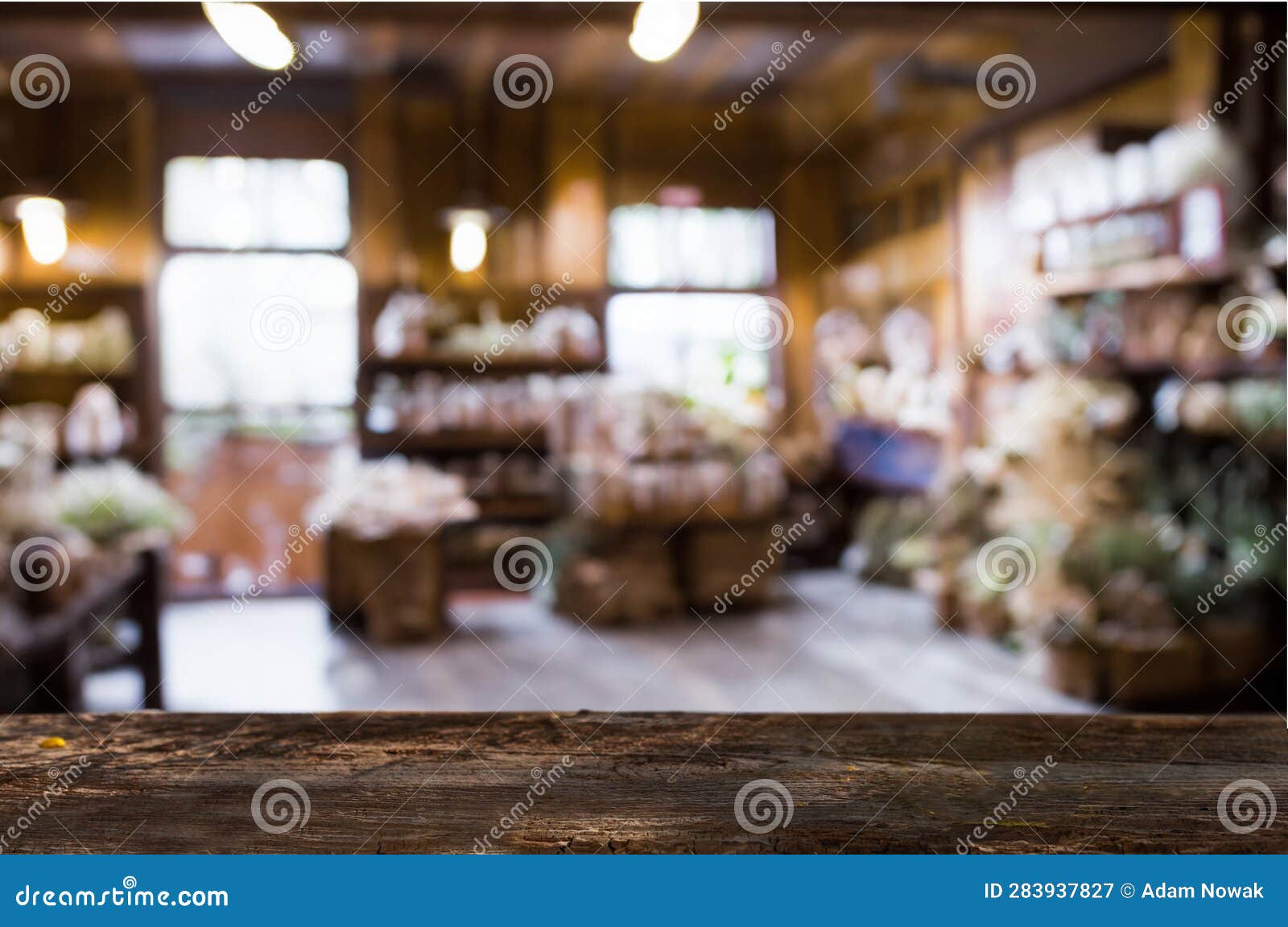 Tabletop Mockup for Herbal Product Presentation. Blurry Herb Shop Interior. Empty Space for ...