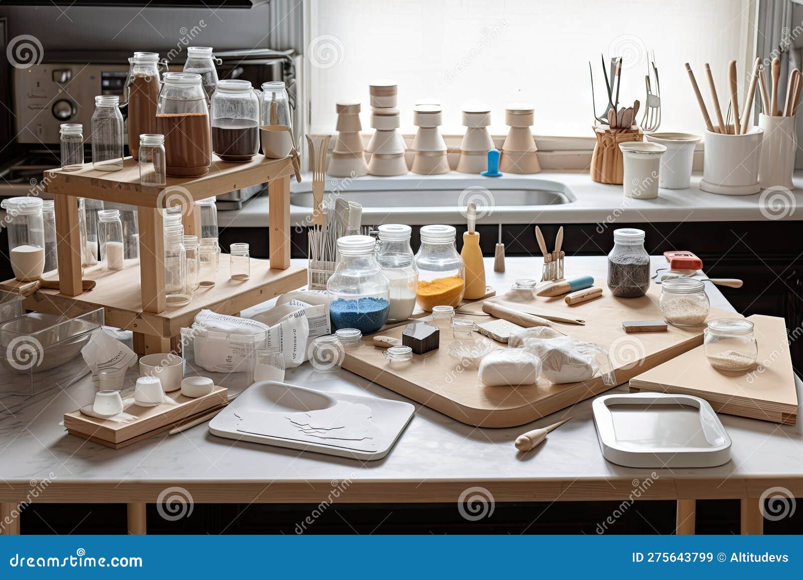 Tabletop Setup with a Variety of Tools, from Rolling Pins To Measuring ...