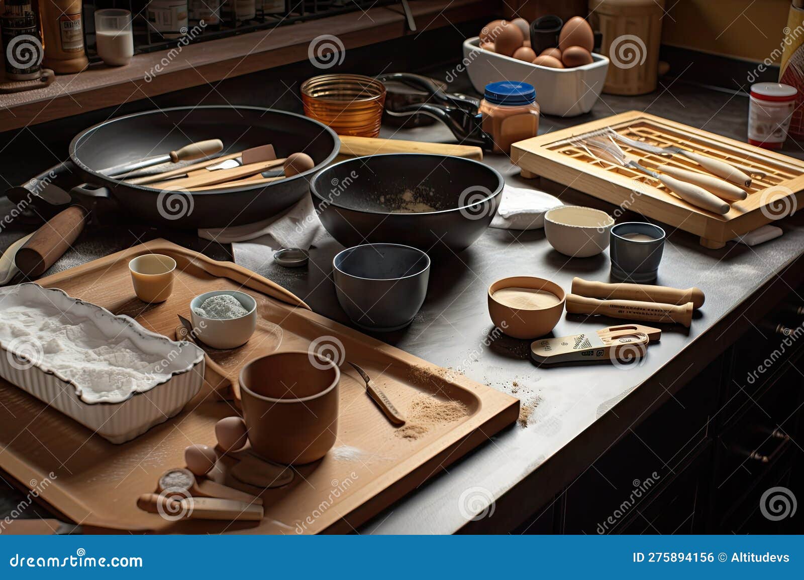 Tabletop Setup with a Variety of Tools, from Rolling Pins To Measuring ...