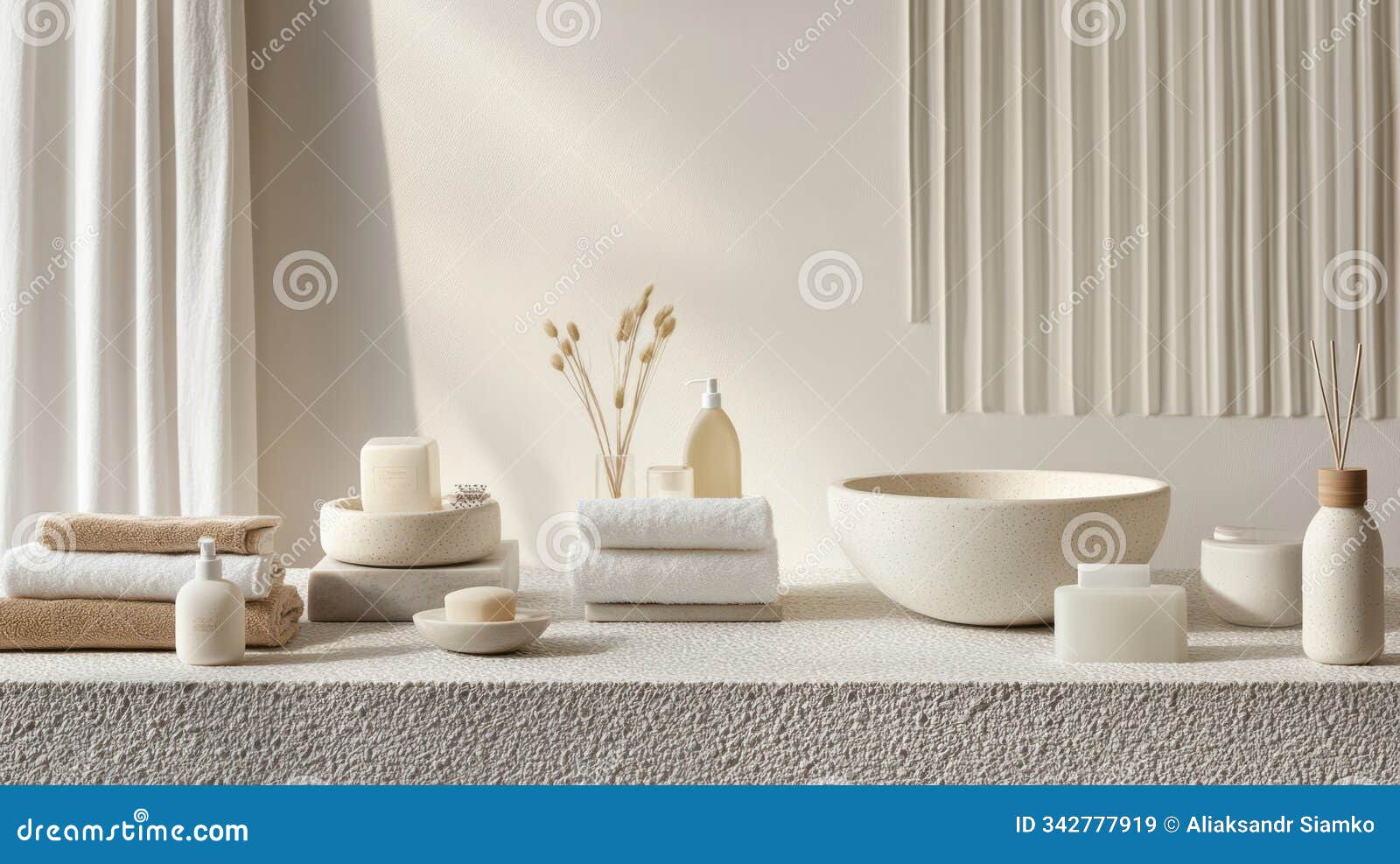 Tabletop Spa Setup with Bath Items on Display White Space for Product ...