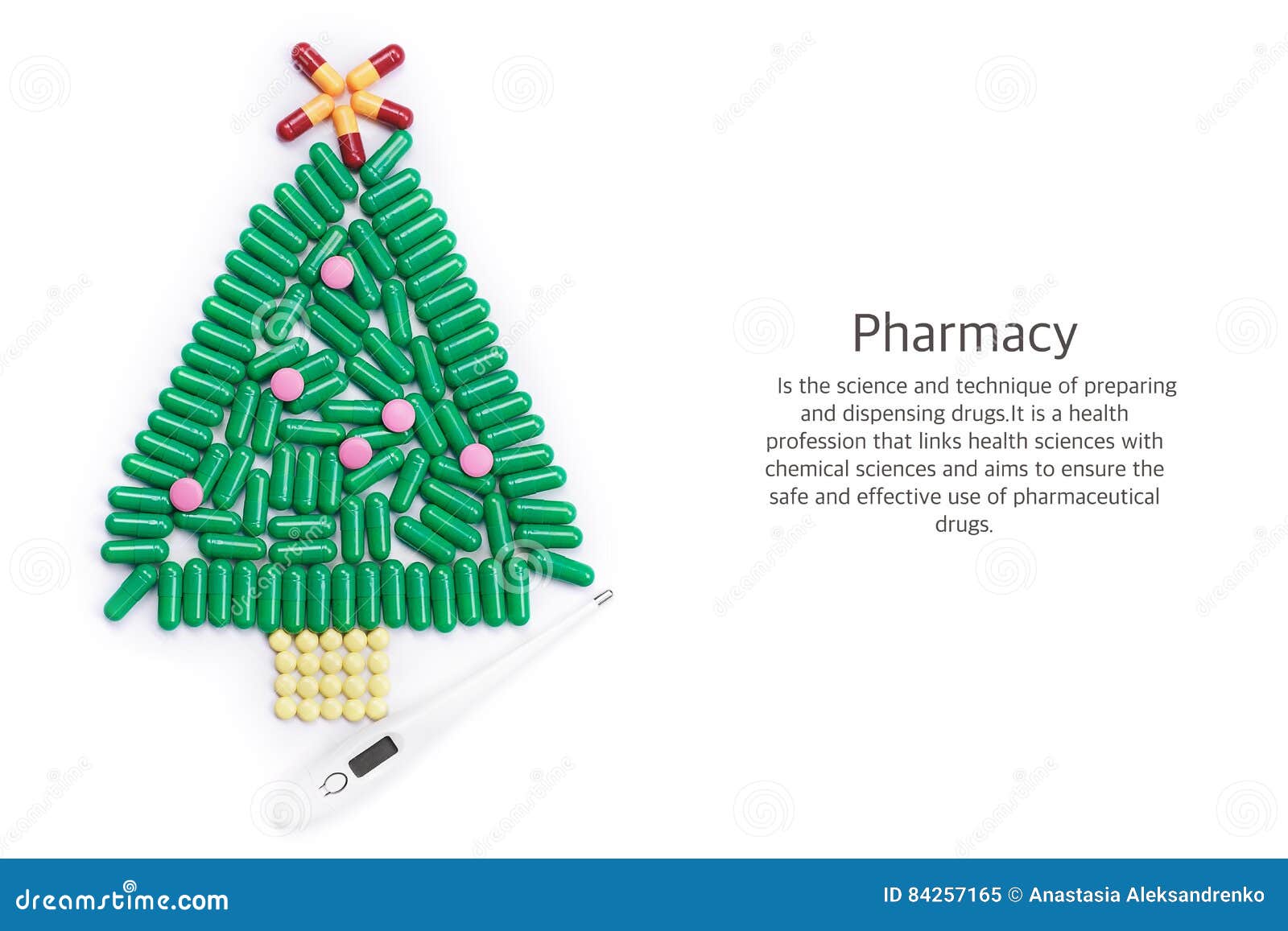 Tablets in Form of Christmas Tree and Thermometer Under it Stock Image ...