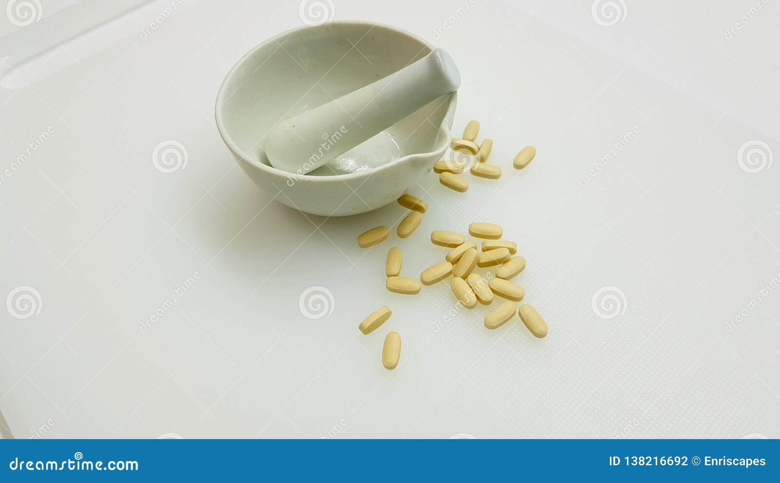Tablets and mortar stock photo. Image of care, drug - 138216692