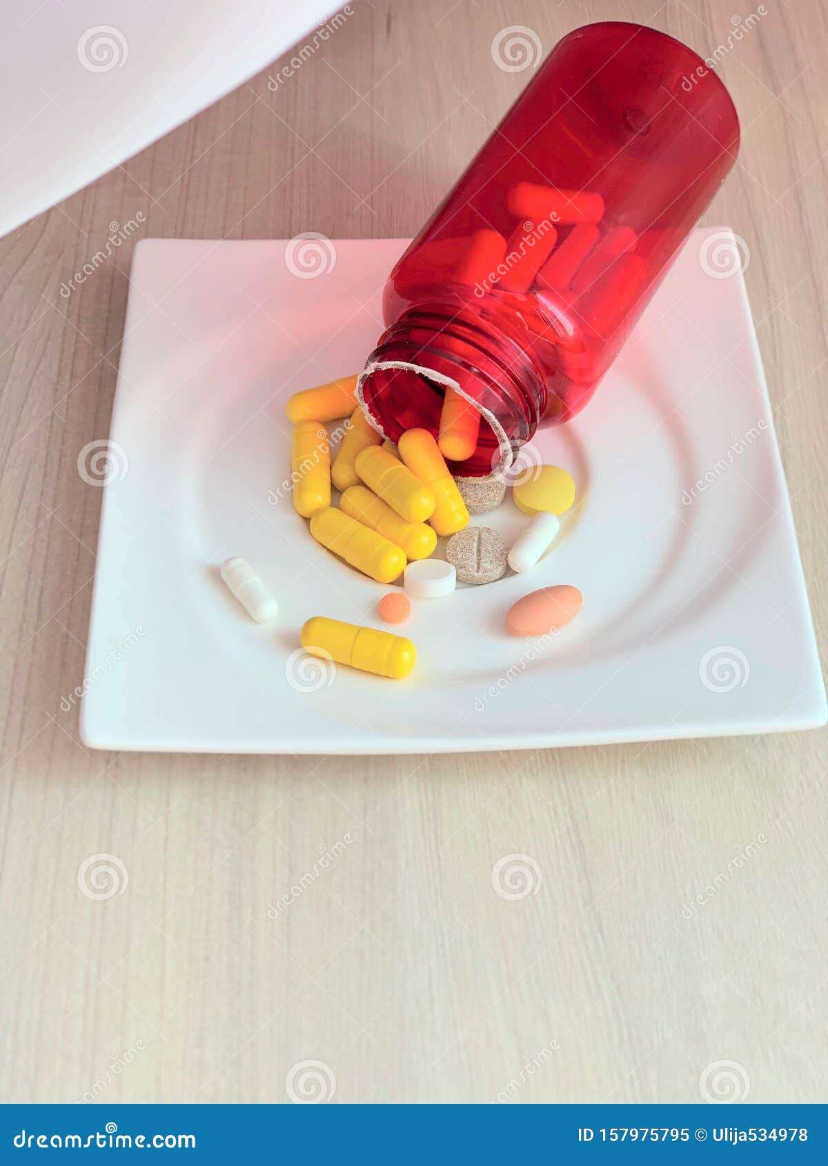 Tablets on a Plate in a Red Container Stock Image - Image of pain ...