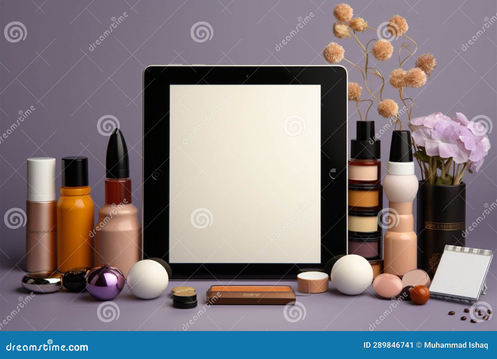 A Tablets White Screen Amidst a Ring of Cosmetic Offerings Stock ...