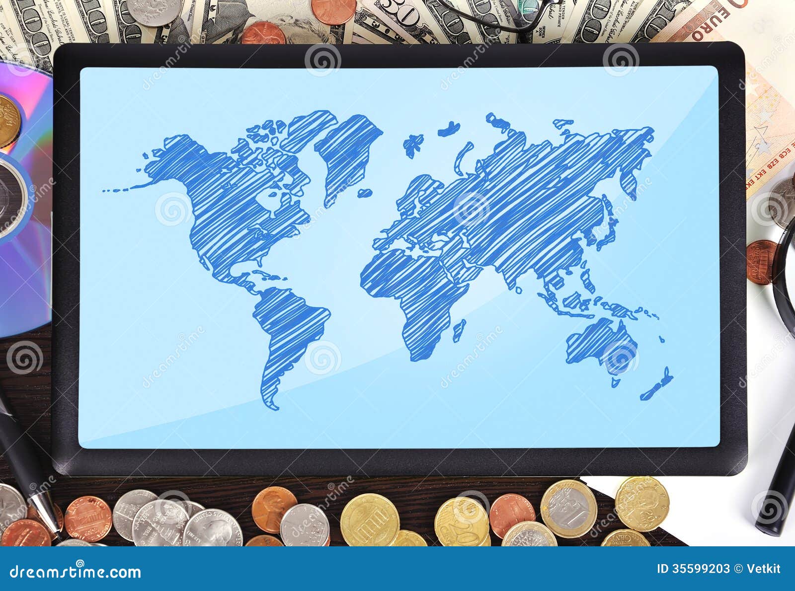 Tablette Avec La Carte Du Monde Image stock - Image du affichage, pièce ...