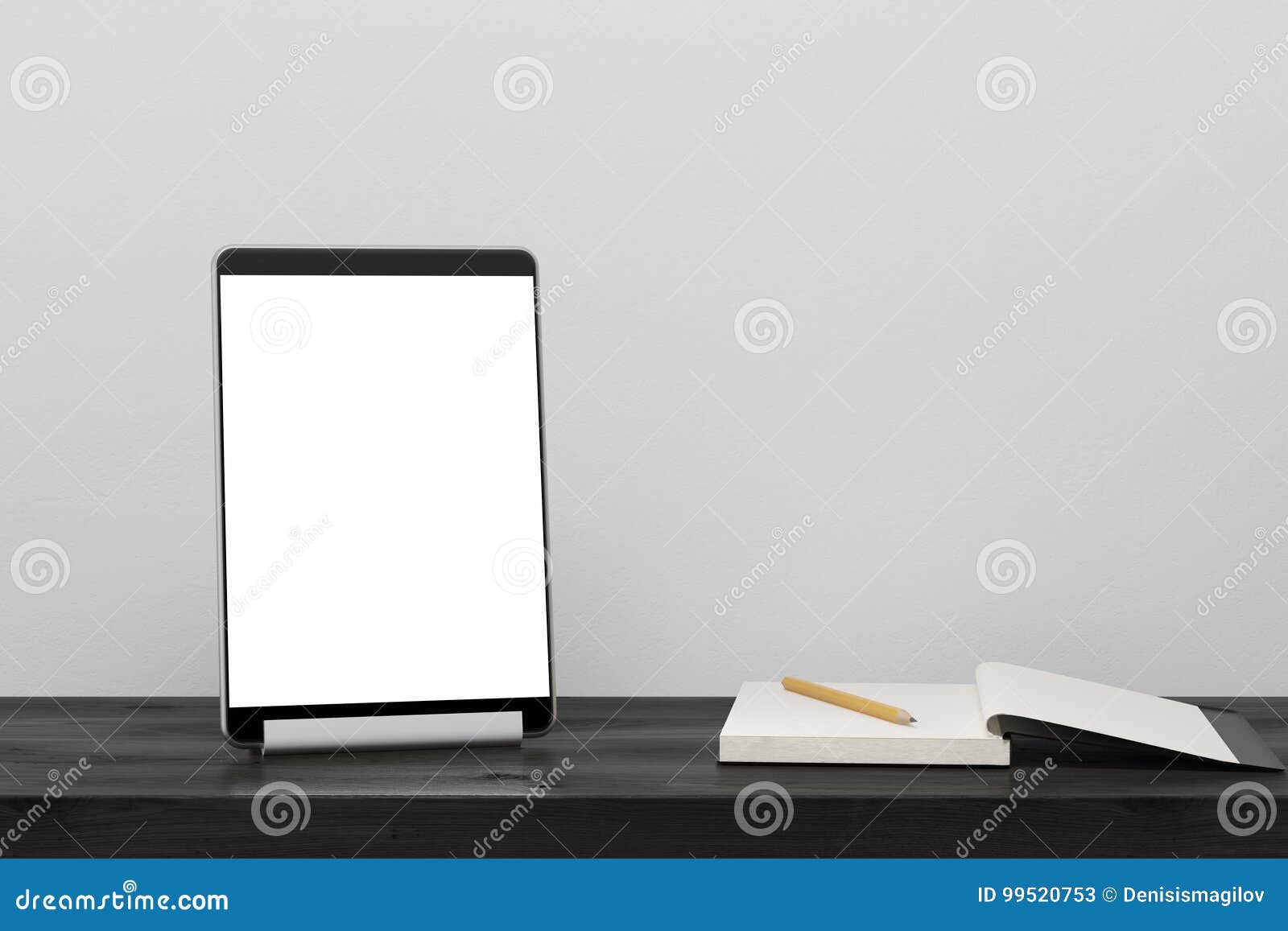 Tablette Sur Une Table En Bois Noire Illustration Stock - Illustration ...